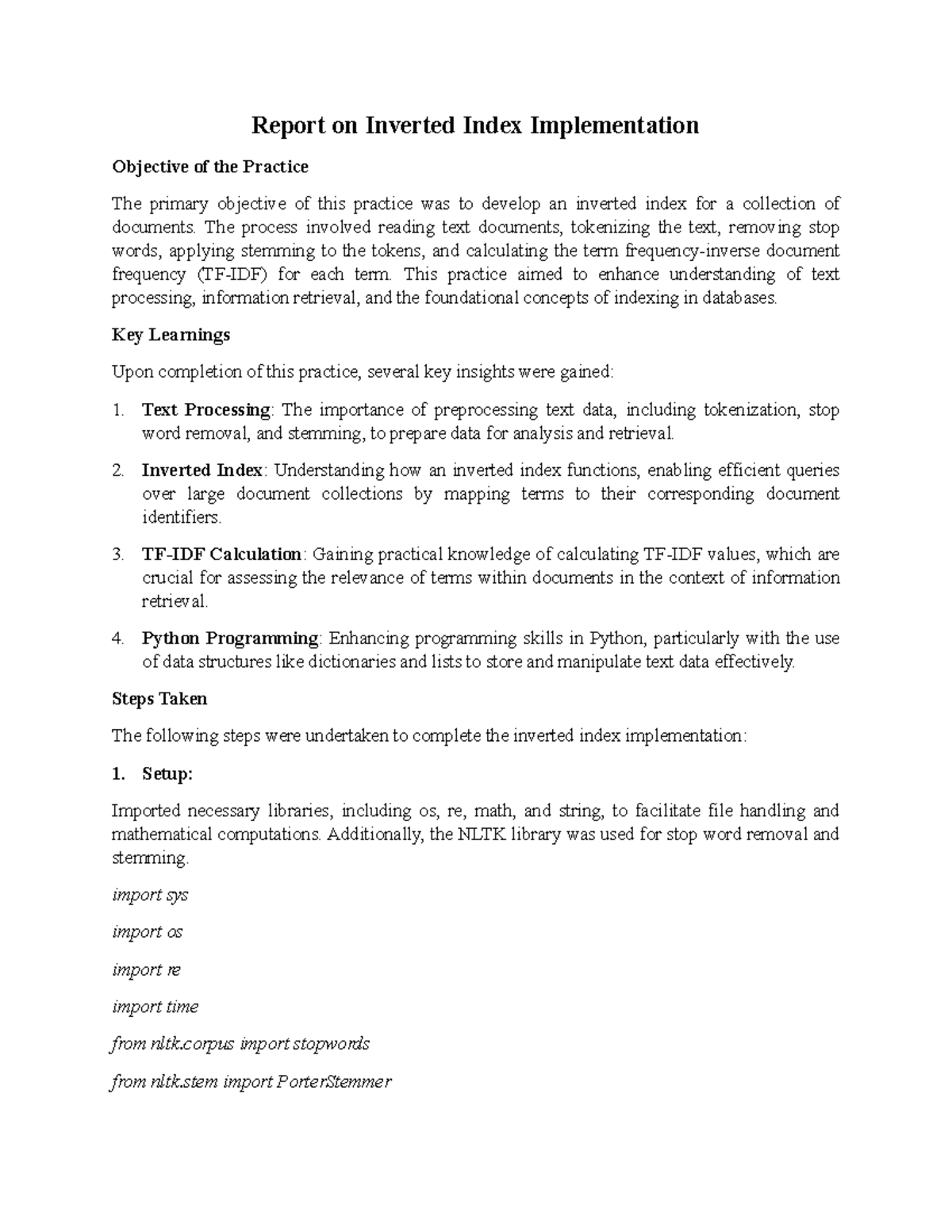 Report on Inverted Index Implementation - Report on Inverted Index Implementation Objective of ...