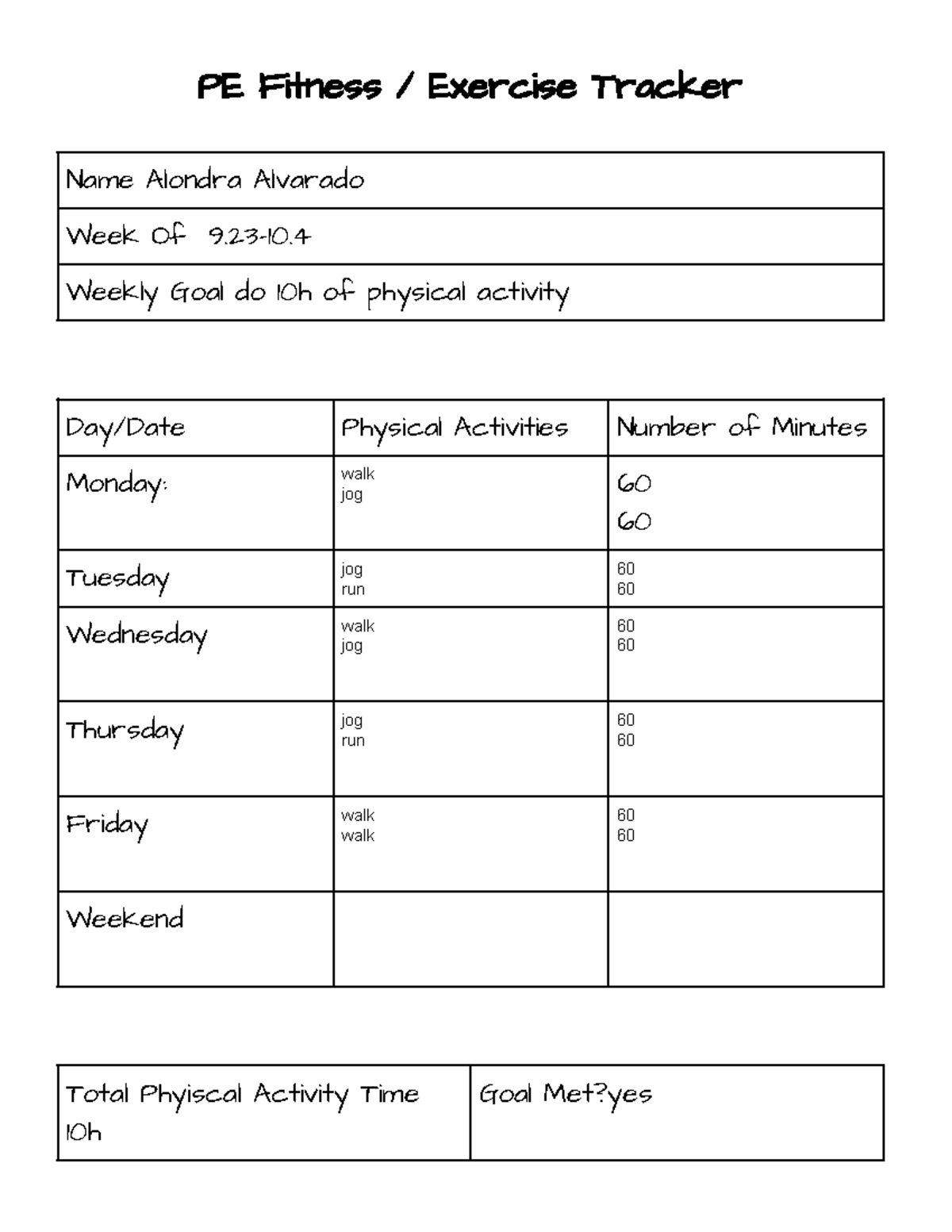 Physical Education Student Form Activity Tracking Log in Google Doc (1 ...