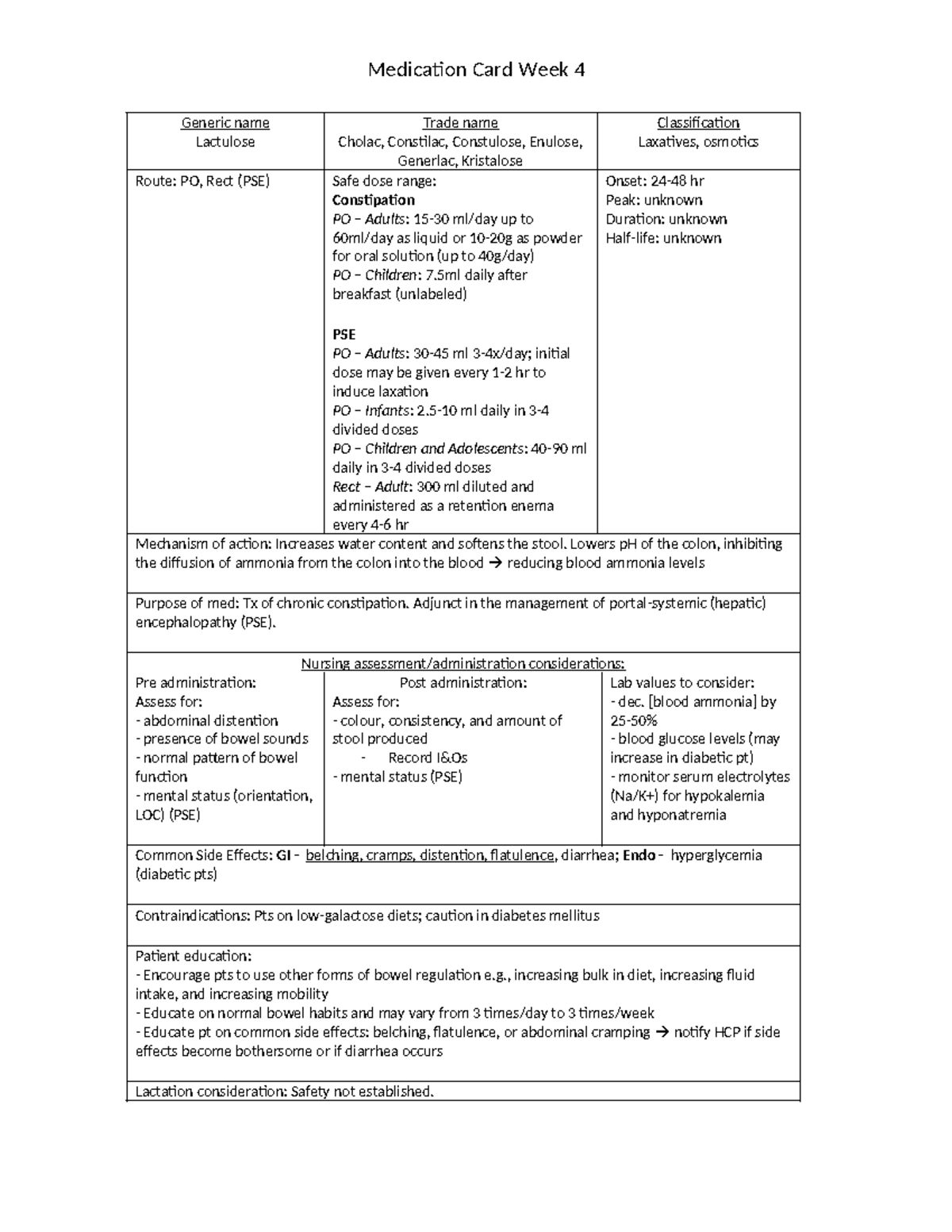 Medication Drug Card Week 4 - Medication Card Week 4 Generic name ...