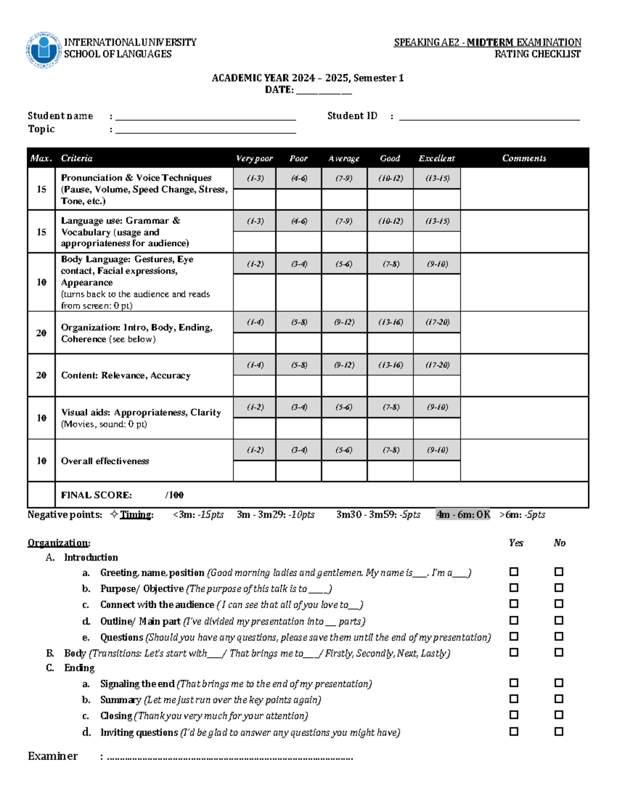 AE2 speaking Midterm 2425S1 - Marksheet - INTERNATIONAL UNIVERSITY SPEAKING AE2 - M M I I D D T ...