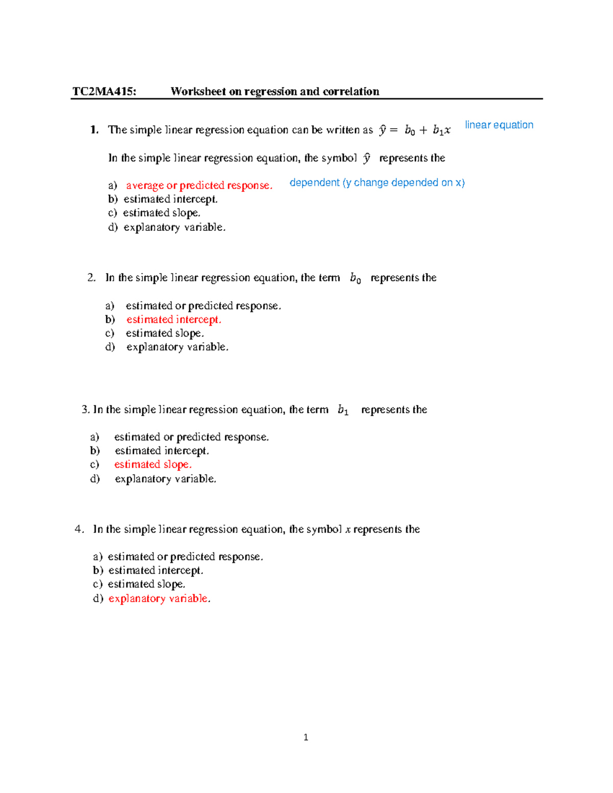 09 Worksheet on regression and correlation Key - TC2MA415: Worksheet on ...