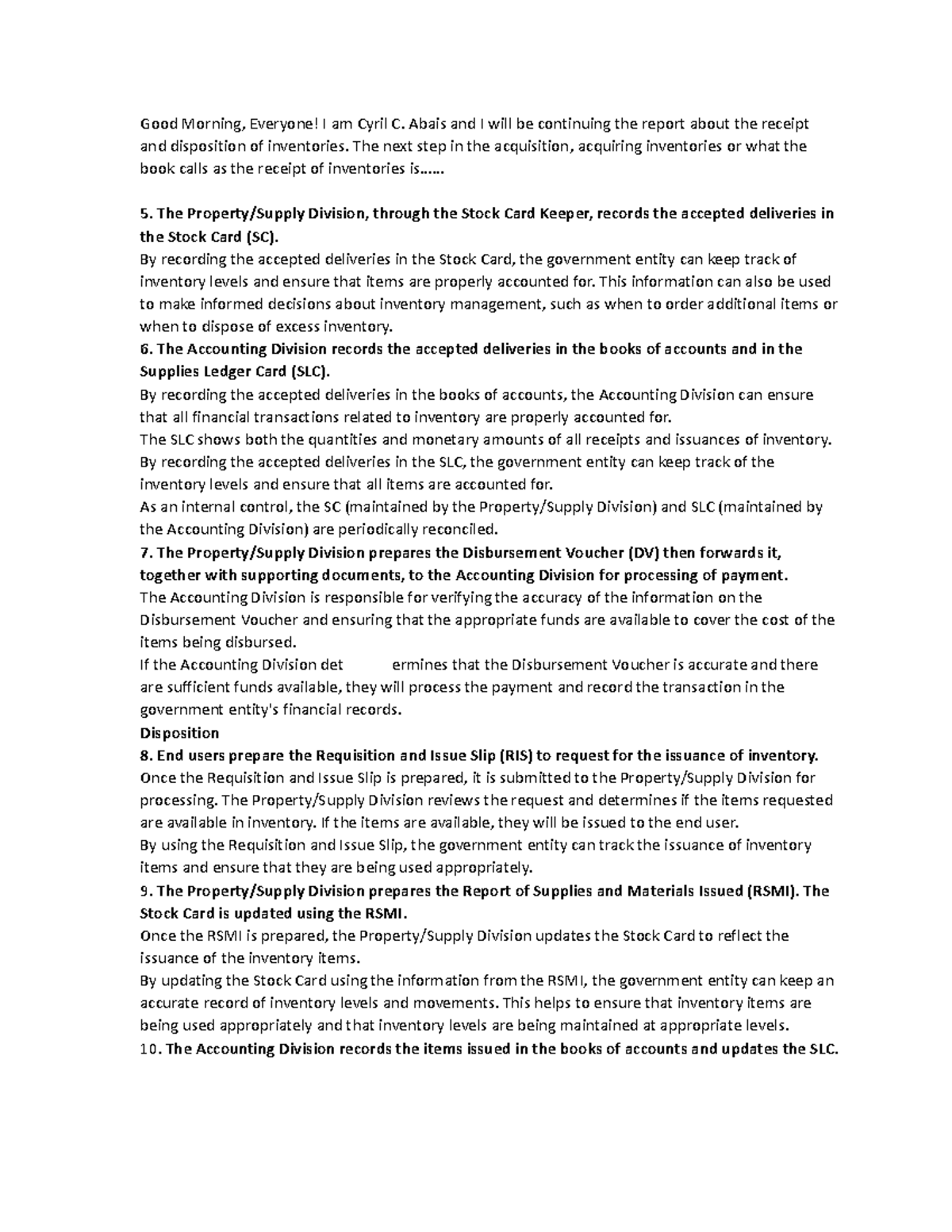 Government Accounting Report Script - Good Morning, Everyone! I am ...