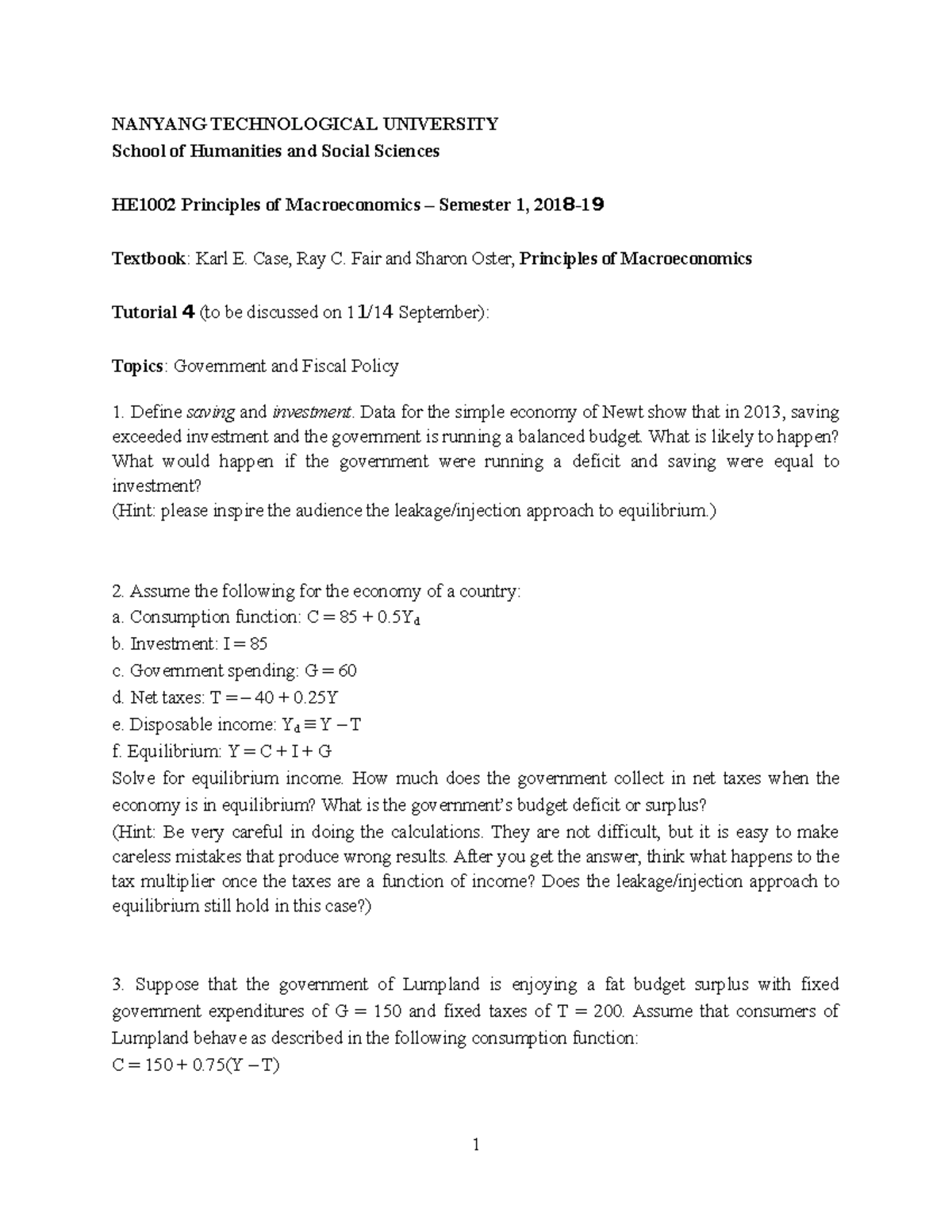 HE1002 Tutorial 4 Questions - NANYANG TECHNOLOGICAL UNIVERSITY School of Humanities and Social ...