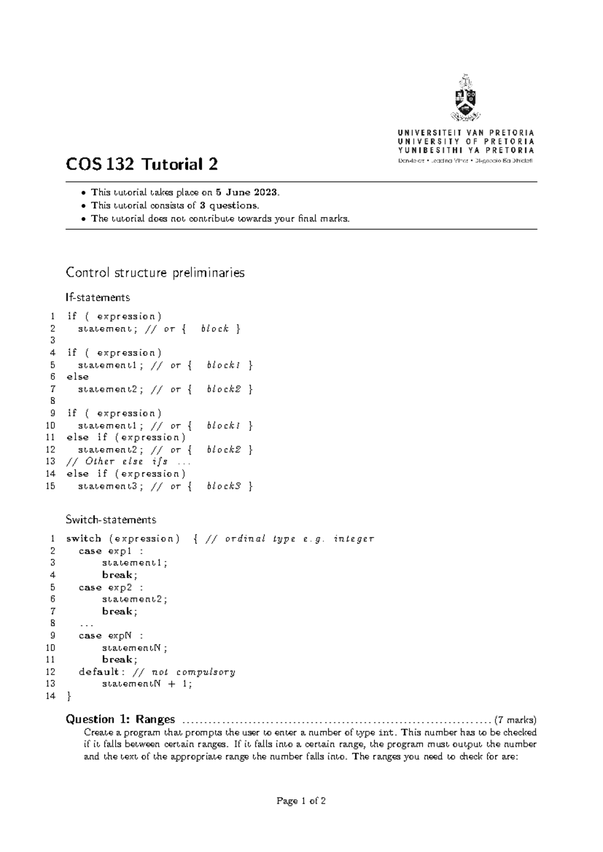 cos 132 tutorial worksheet - COS 132 Tutorial 2 This tutorial takes place on 5 June 2023. This ...
