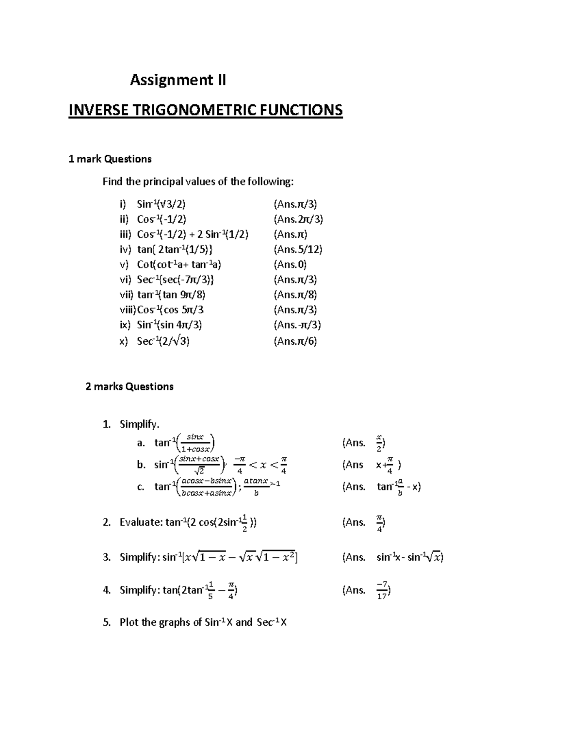 S7 Maths Assignment II chapter 2 - Assignment II INVERSE TRIGONOMETRIC FUNCTIONS 1 mark ...