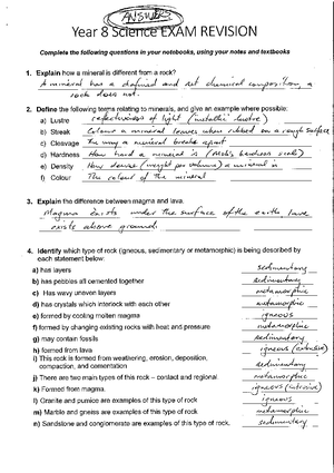 2023 Rocks Revision Sheet - Year 8 Science REVISION Complete the ...