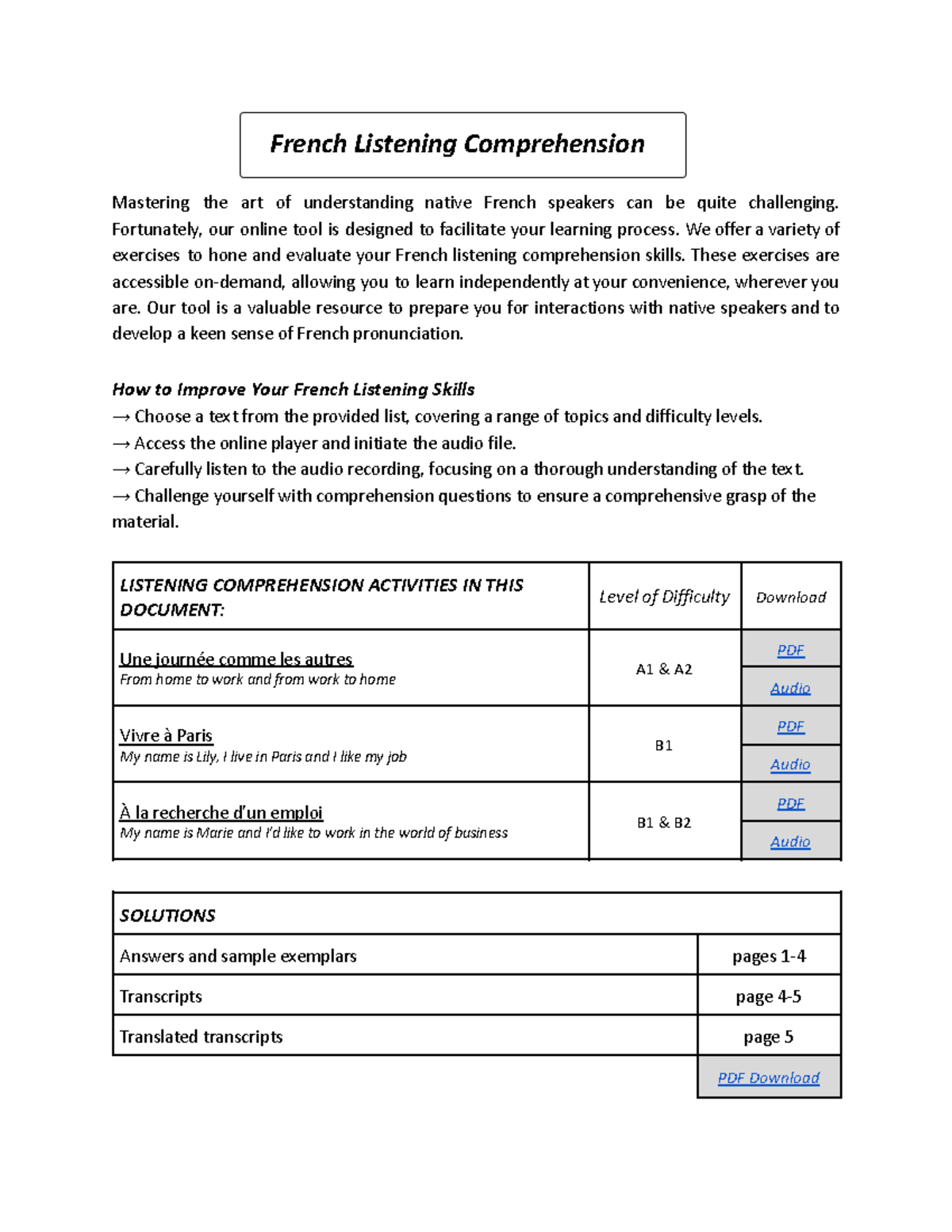 French Listening Comprehension 1 - French Listening Comprehension ...