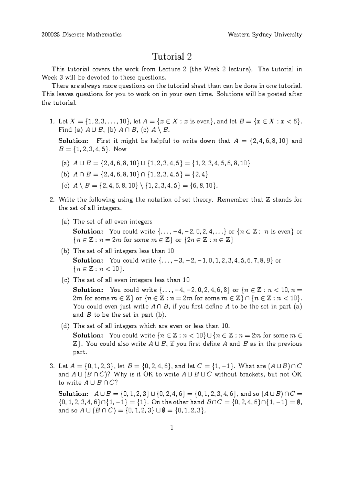 DM tutorial 2 solutions - 200025 Discrete Mathematics Western Sydney University Tutorial 2 This ...