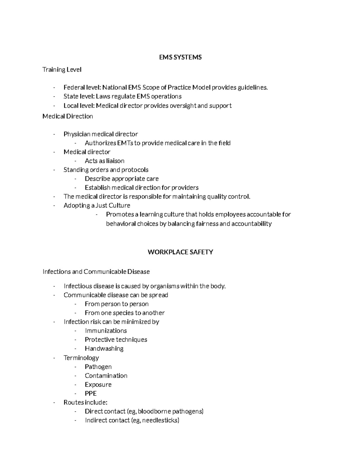 EMS Specialized Study Sheet - EMS SYSTEMS Training Level Federal level ...