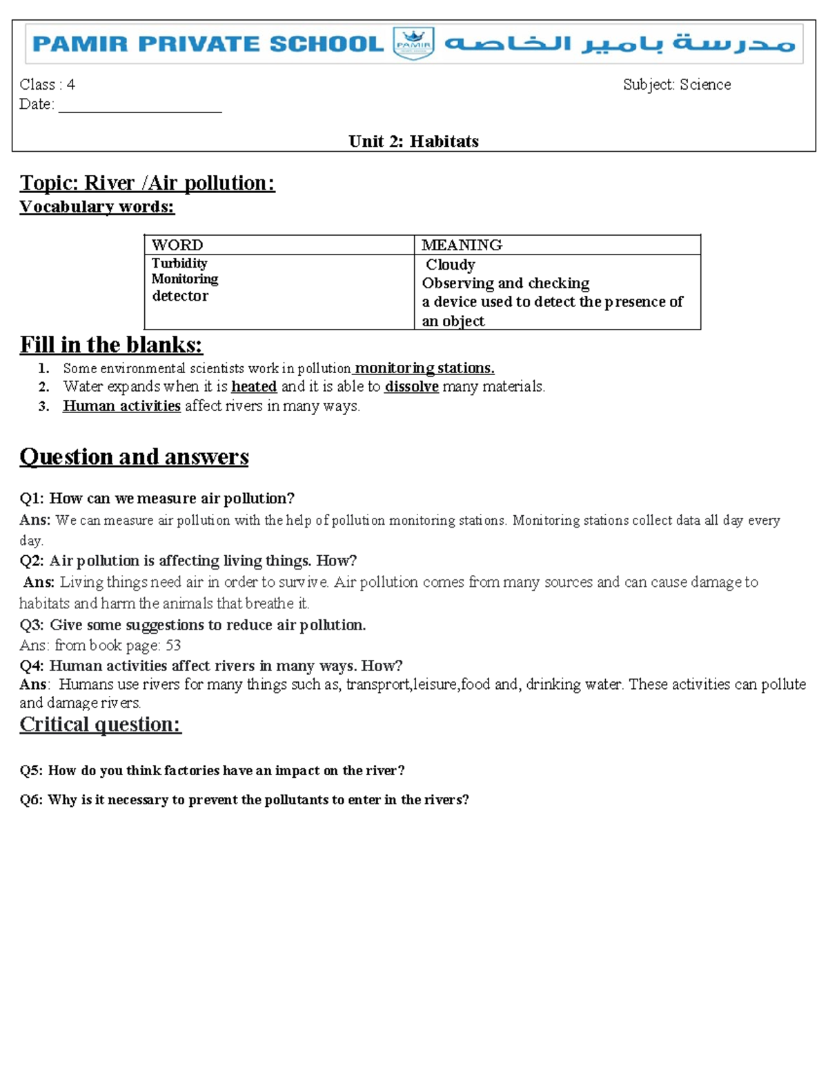 Air pollution + river pollution - Class : 4 Subject: Science Date ...