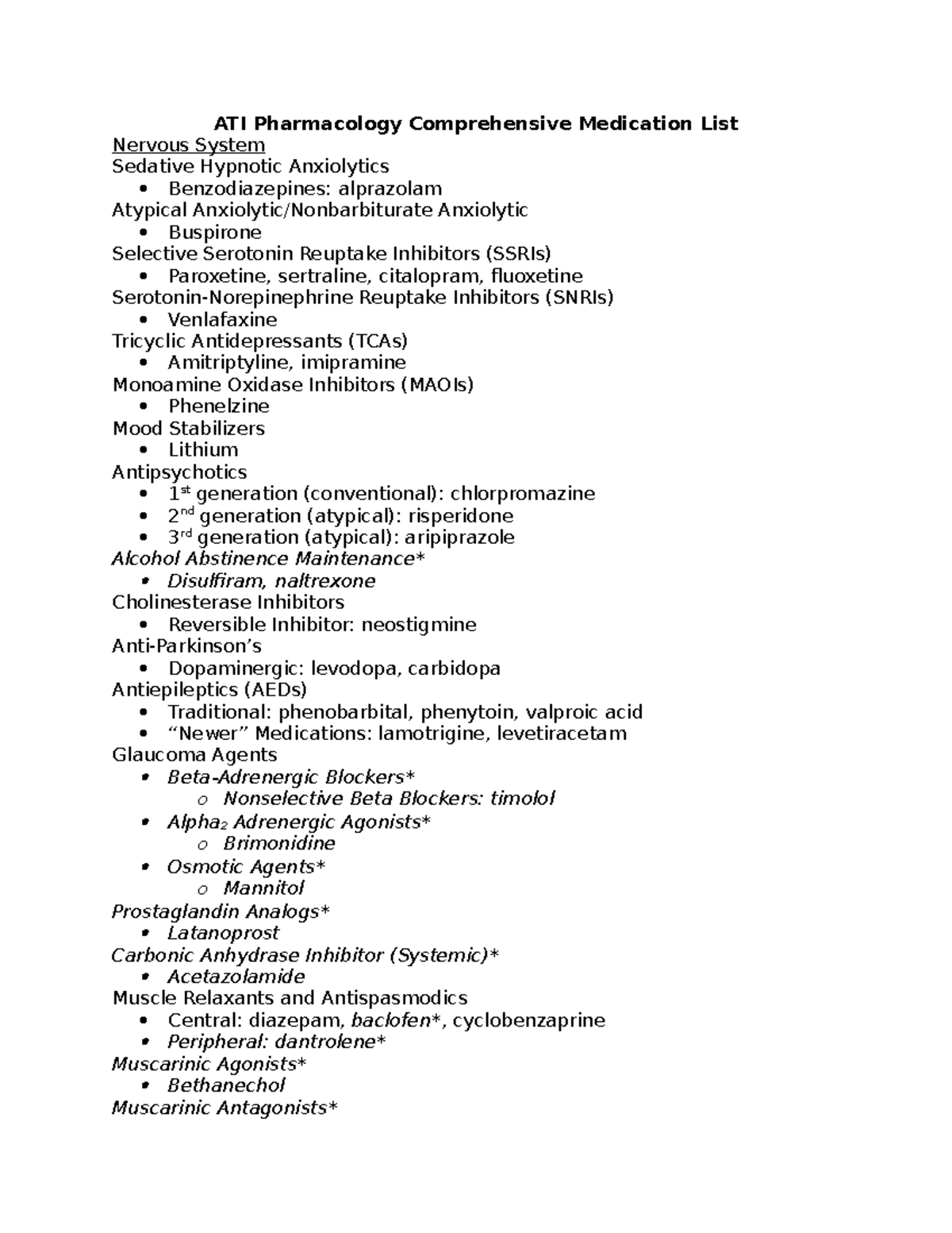 ATI Pharmacology List - pharm list - ATI Pharmacology Comprehensive ...