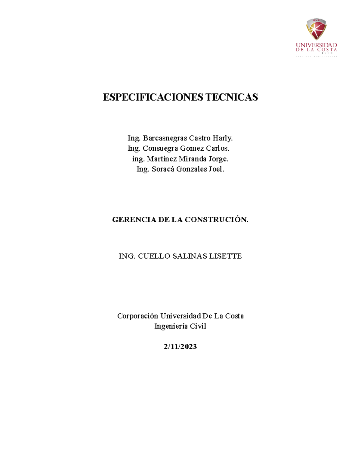 Trabajo Escrito Especificaciones Tecnicas - ESPECIFICACIONES TECNICAS Ing. Barcasnegras Castro ...