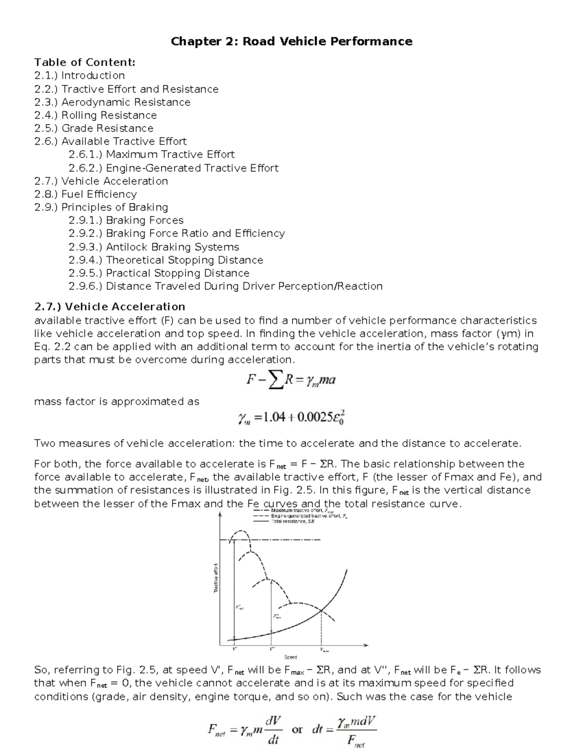 Road Vehicle Performance - Chapter 2: Road Vehicle Performance Table of ...