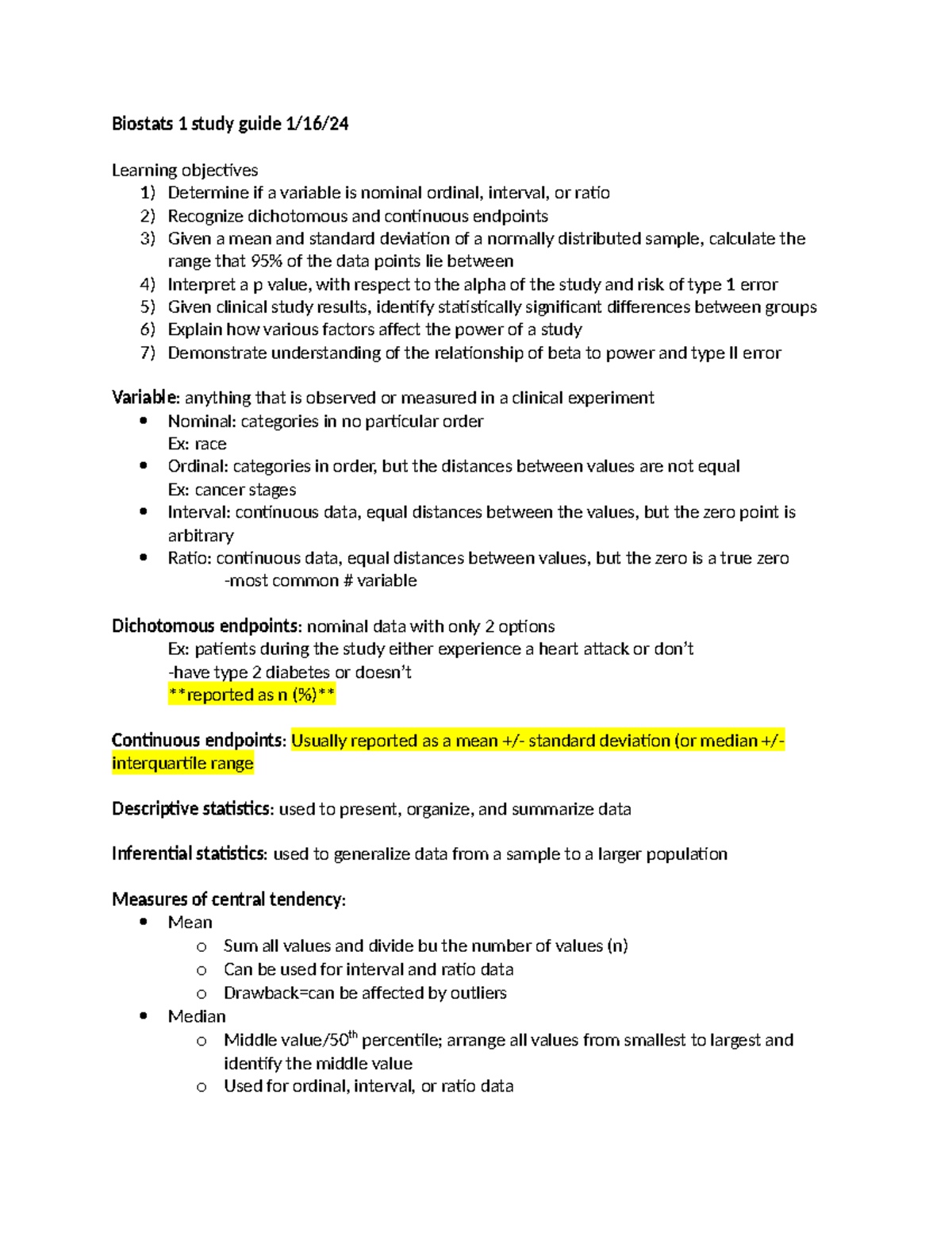 Biostatistics 1 study guide for the first exam - Biostats 1 study guide 1/16/ Learning ...