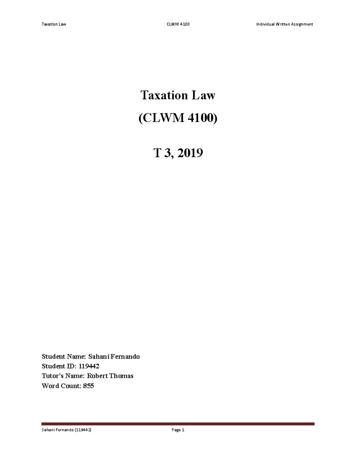 Sahani Fernando Taxation Law Written Assignment - Taxation Law (CLWM ...