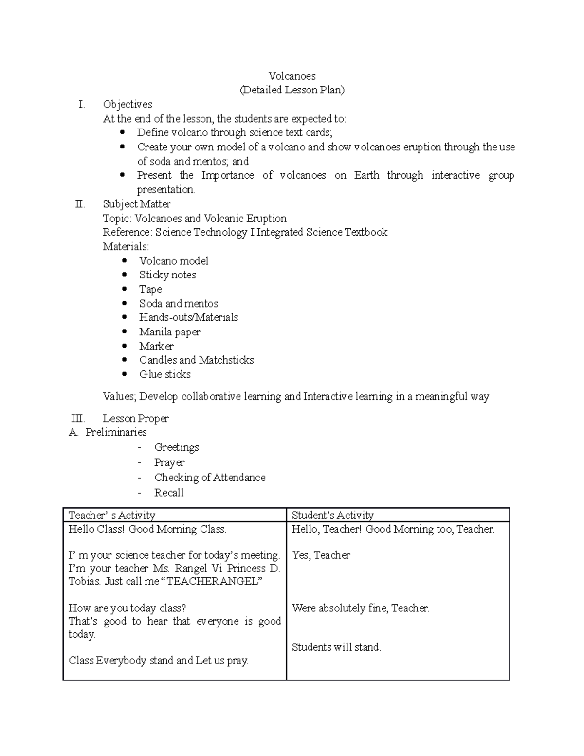 DLP Volcano - Haha - Volcanoes (Detailed Lesson Plan) I. Objectives At ...