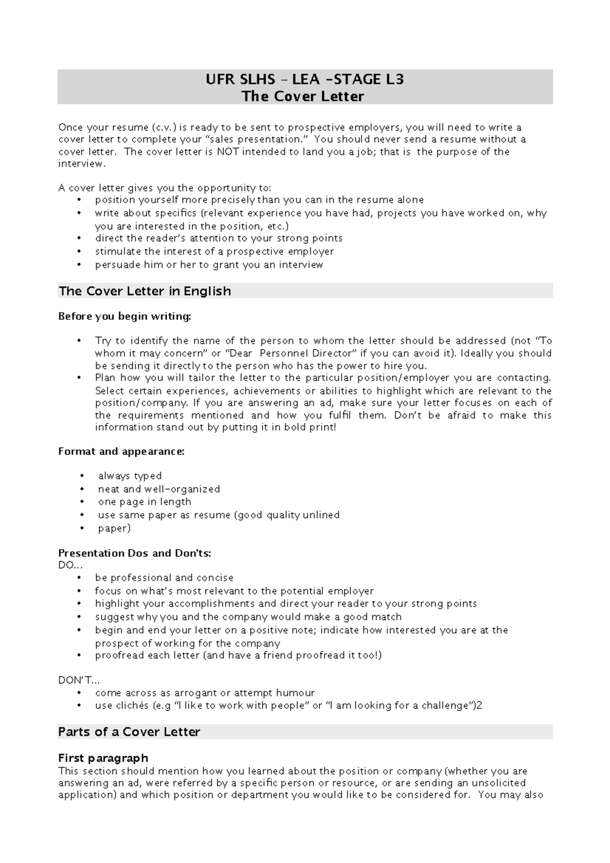 Cover Letter in English - UFR SLHS – LEA -STAGE L The Cover Letter Once ...