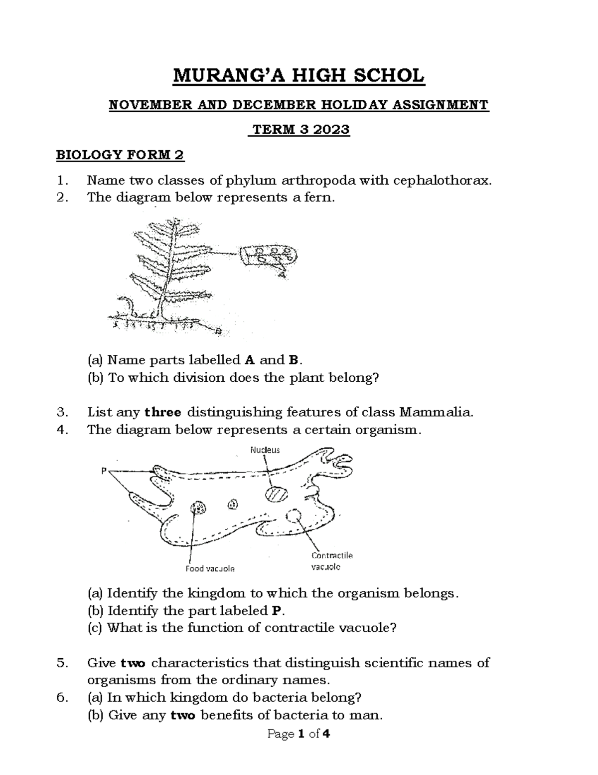 Holiday assignment Assignments - Form 2 - Biology - MURANG’A HIGH SCHOL ...