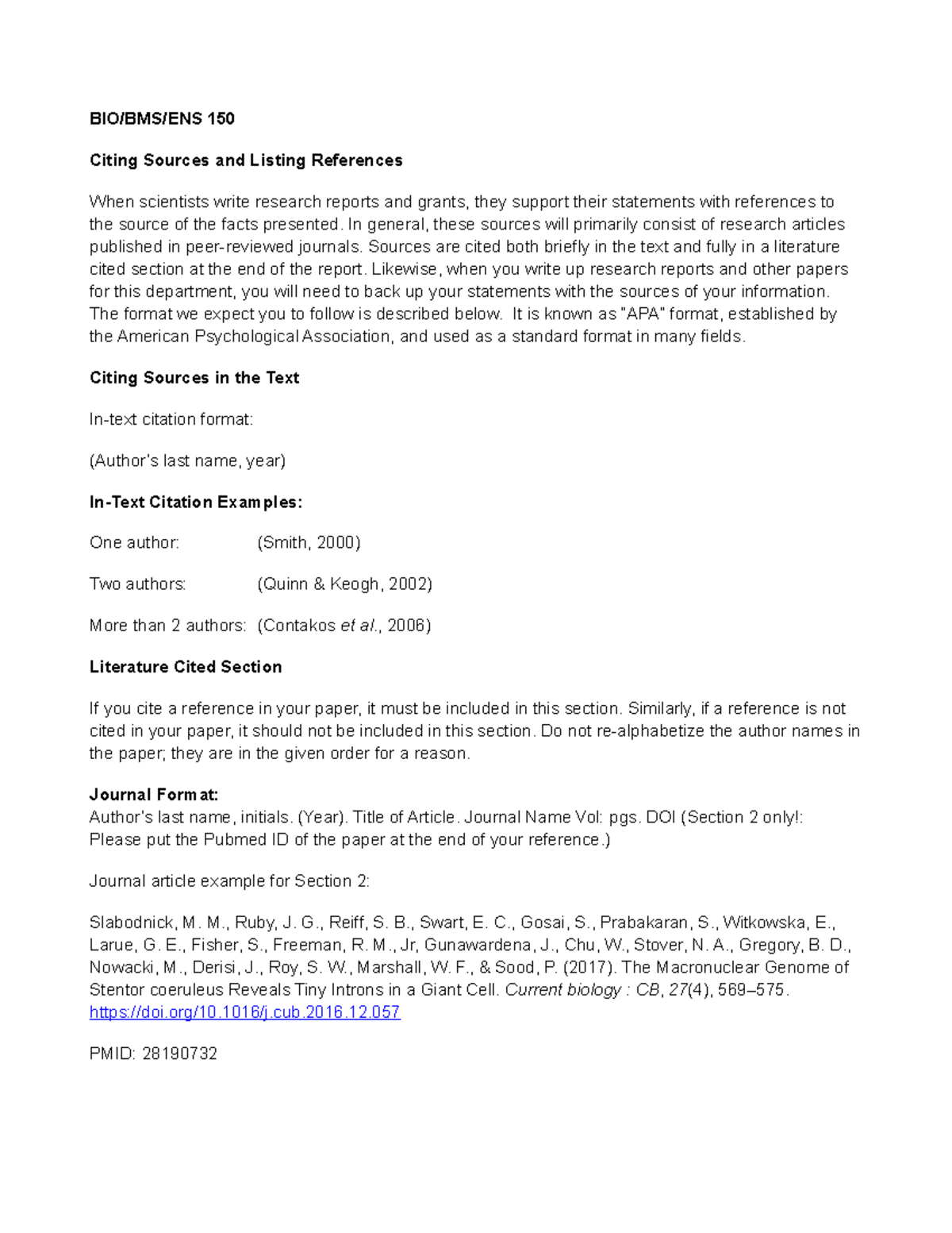 BIO.BMS.ENS 150 Citing Sources and Listing References - BIO/BMS/ENS 150 ...