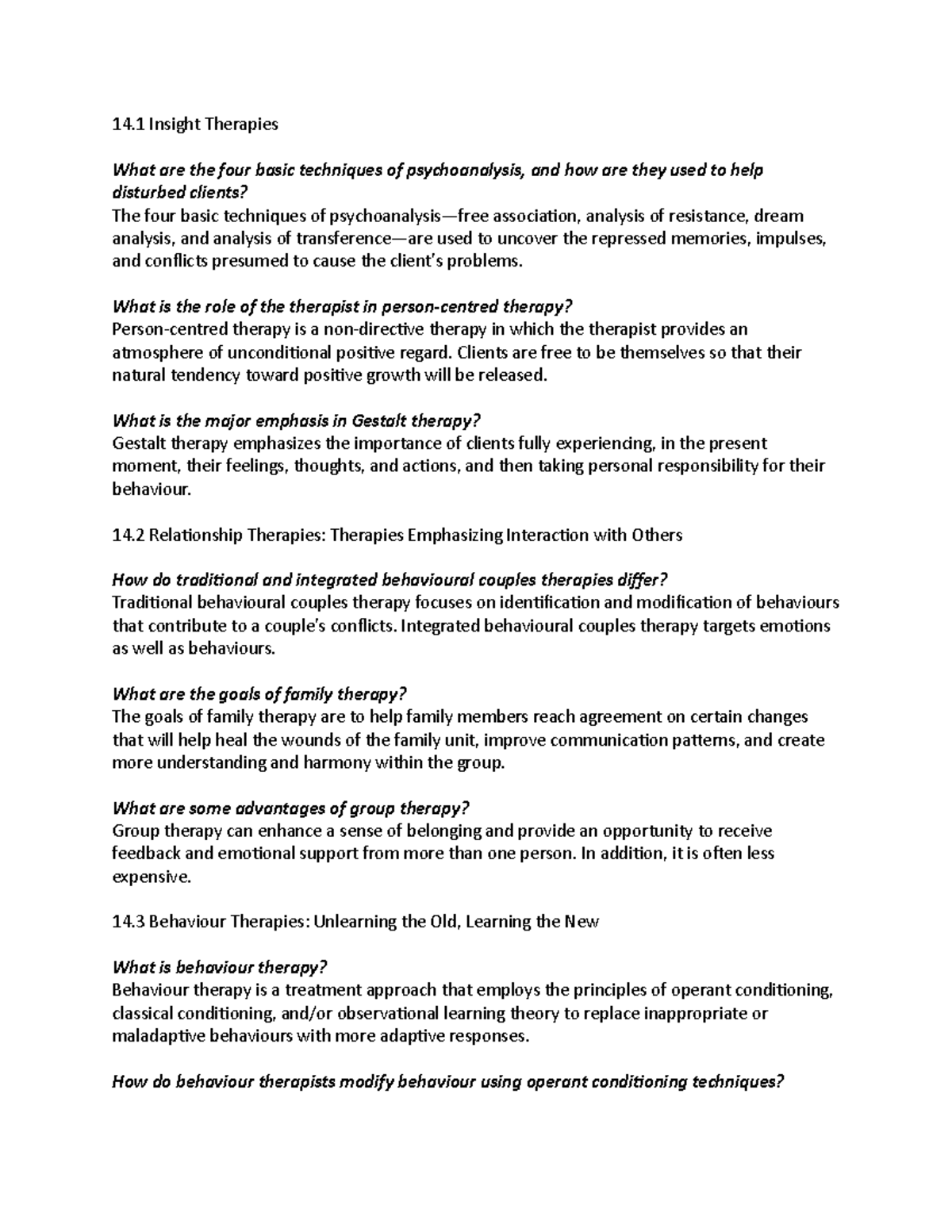 Person-Centred Therapy - 14 Insight Therapies What are the four basic ...