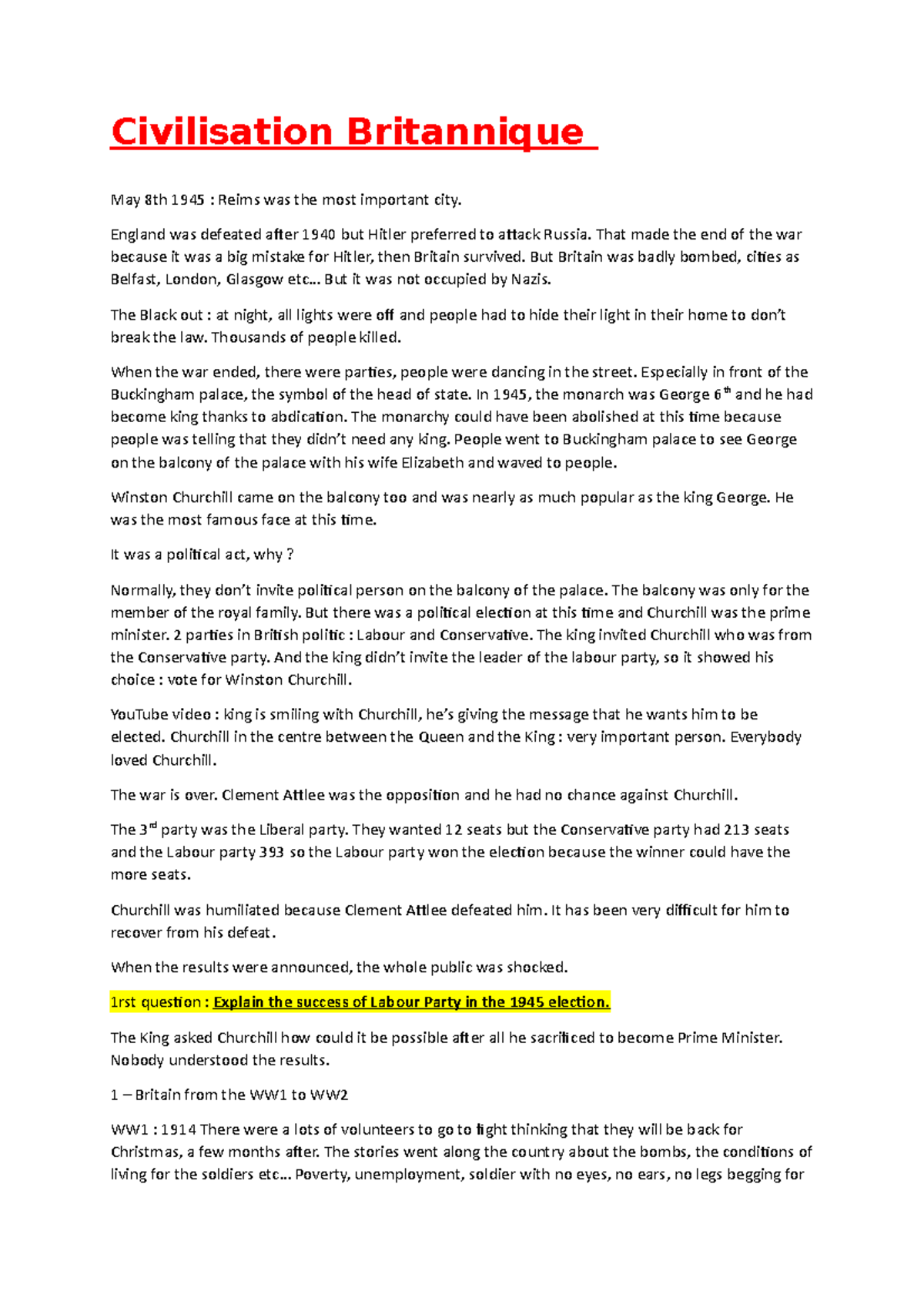 Civilisation Britannique L3 LLCER Semestre 5 Université champagne-ardennes - Civilisation - Studocu