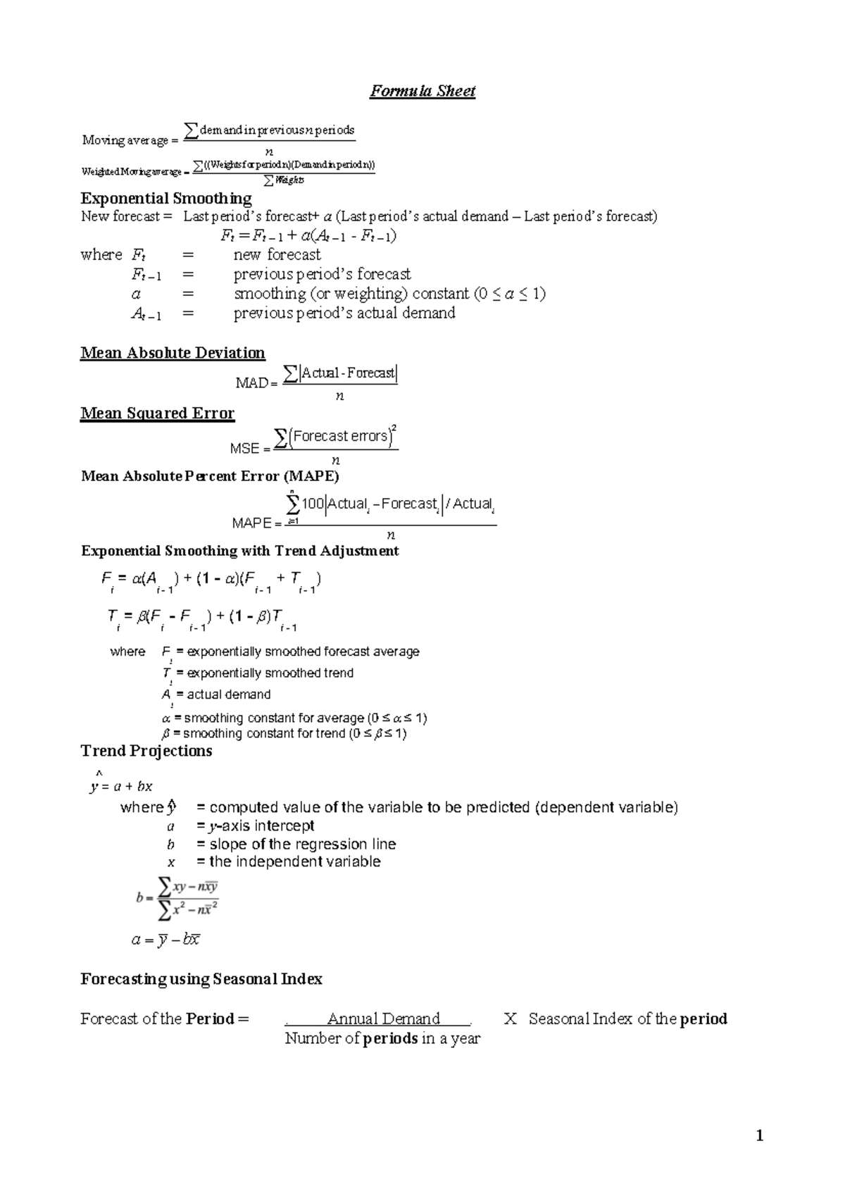 Formula sheet 170321 - acc - 1 Formula Sheet Exponential Smoothing New ...
