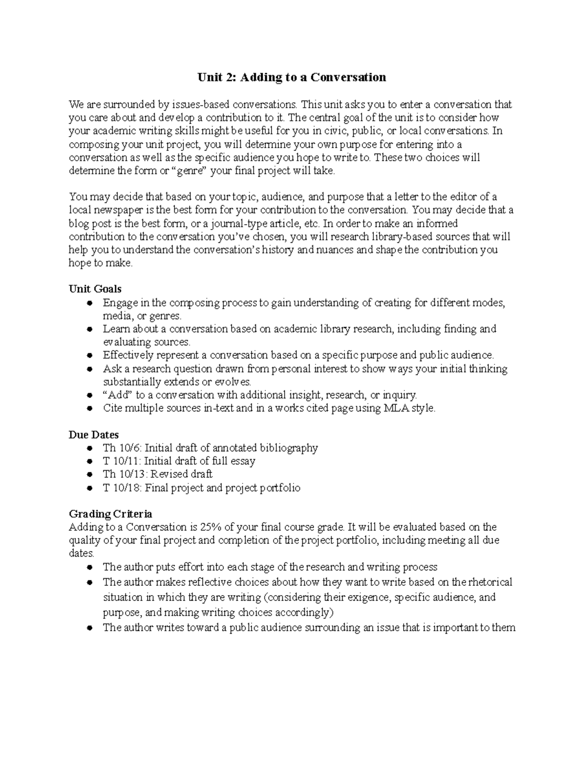 Unit 2 Adding to a Conversation Assignment Sheet - Unit 2: Adding to a ...