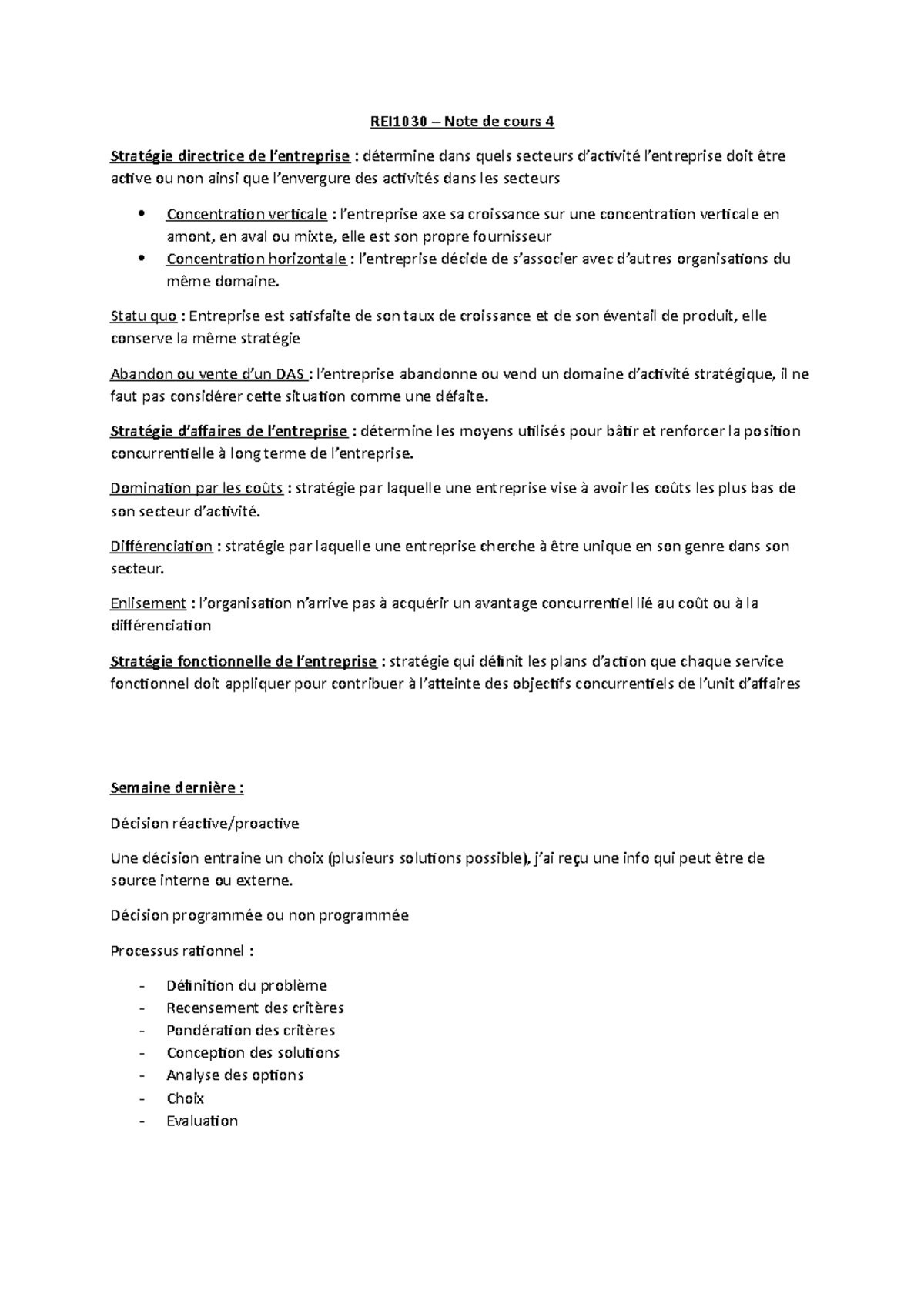 Note de cours 4 - Statu quo : Entreprise est satisfaite de son taux de croissance et de son ...