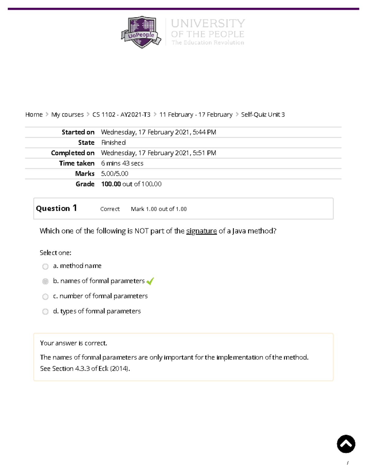 Programming 1 - Self Quiz Unit 3 CS 1102 - Started on Wednesday, 17 February 2021, 5:44 PM State ...