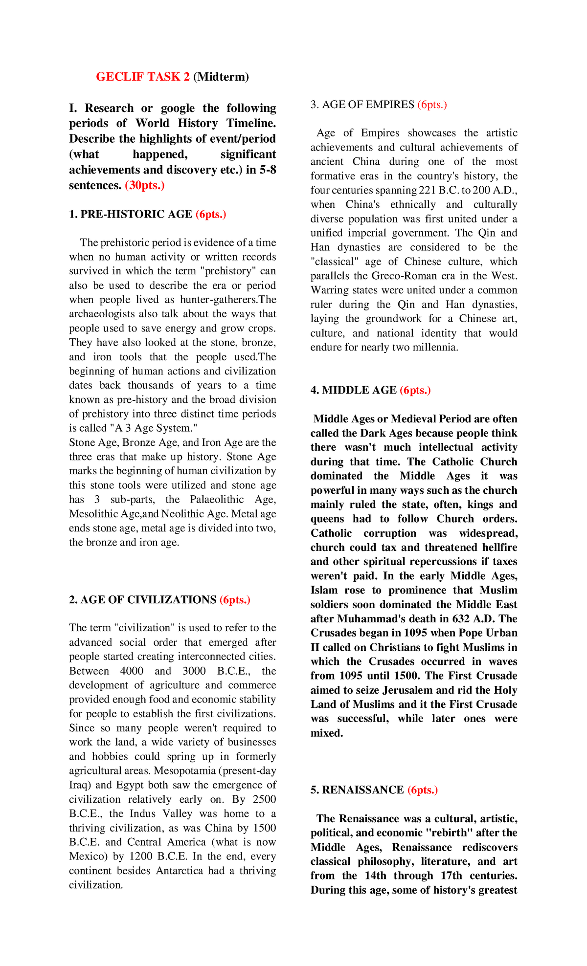 Midterm Task 2 - Rizal - GECLIF TASK 2 (Midterm) I. Research or google the following periods of ...