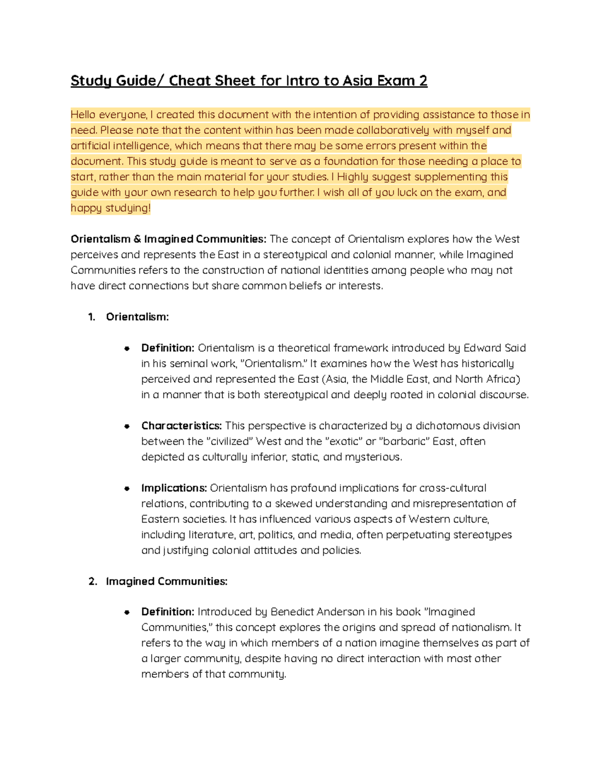 Study Guide Cheat Sheet for Intro to Asia Exam 2 - Please note that the ...