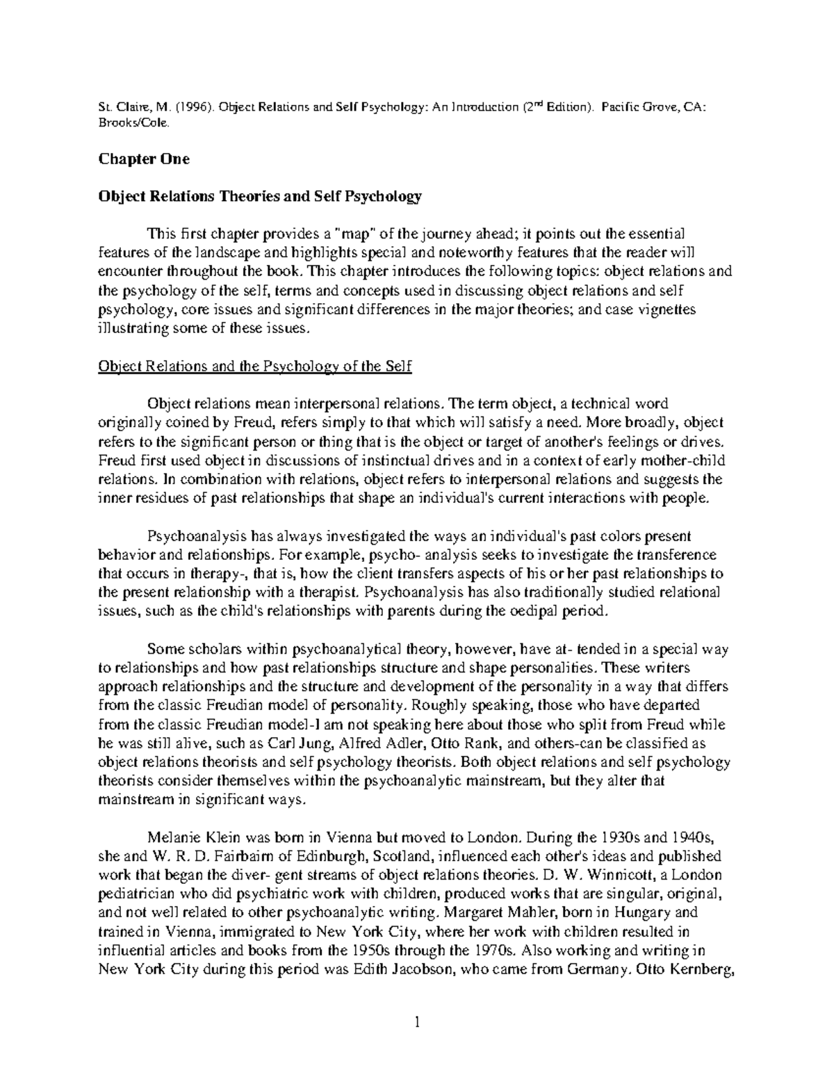 Object-relations-chapter-1 compress - St. Claire, M. (1996). Object ...