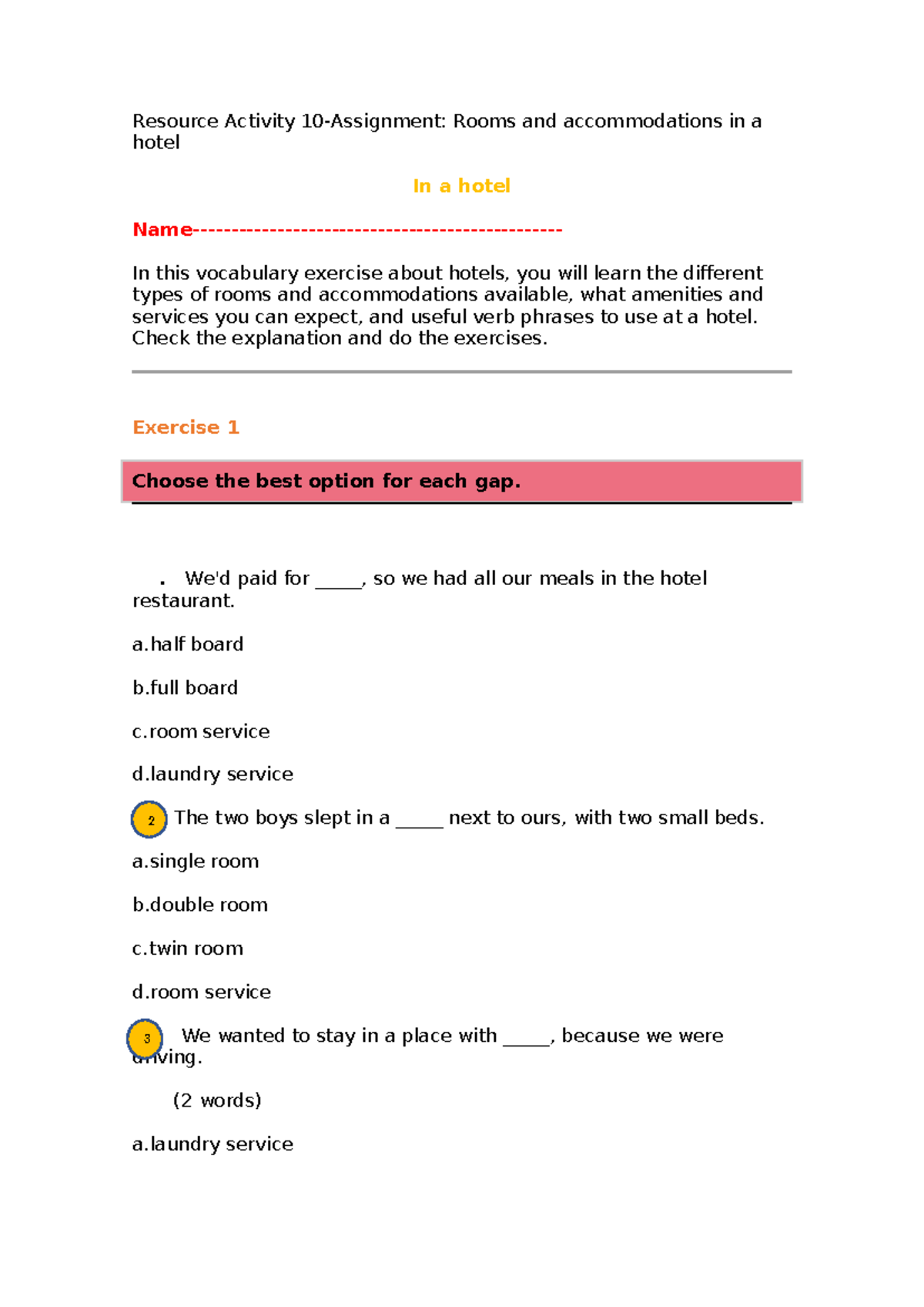 Resource Activity 10-Assignment Rooms and accommodations in a hotel - Check the explanation and ...