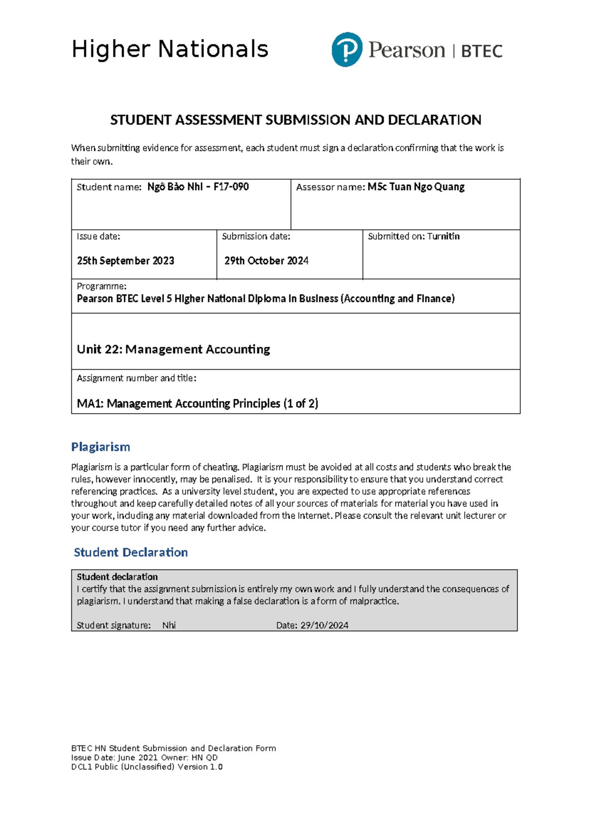 A1 Student-Assessment-Submission-and-Declaration - Higher Nationals ...