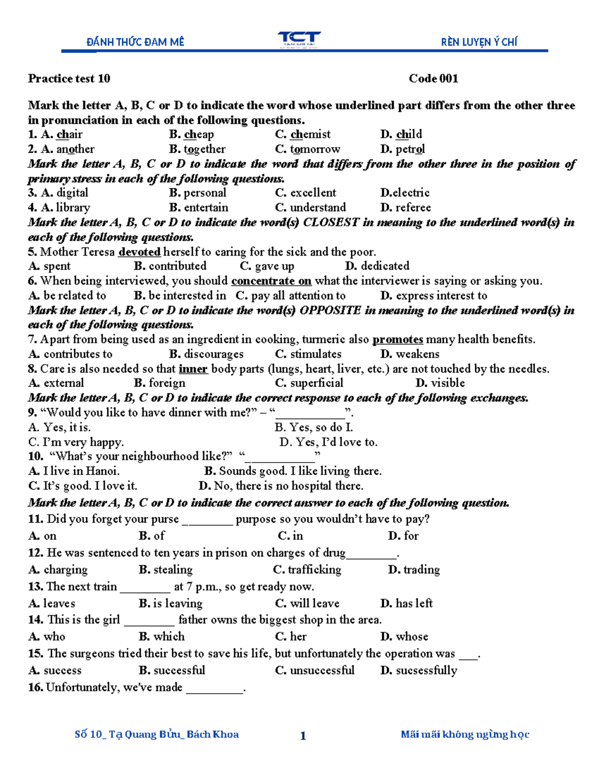 ĐỀ 10-Practice test - hicfghjkl;' - Practice test 10 Code 001 Mark the ...