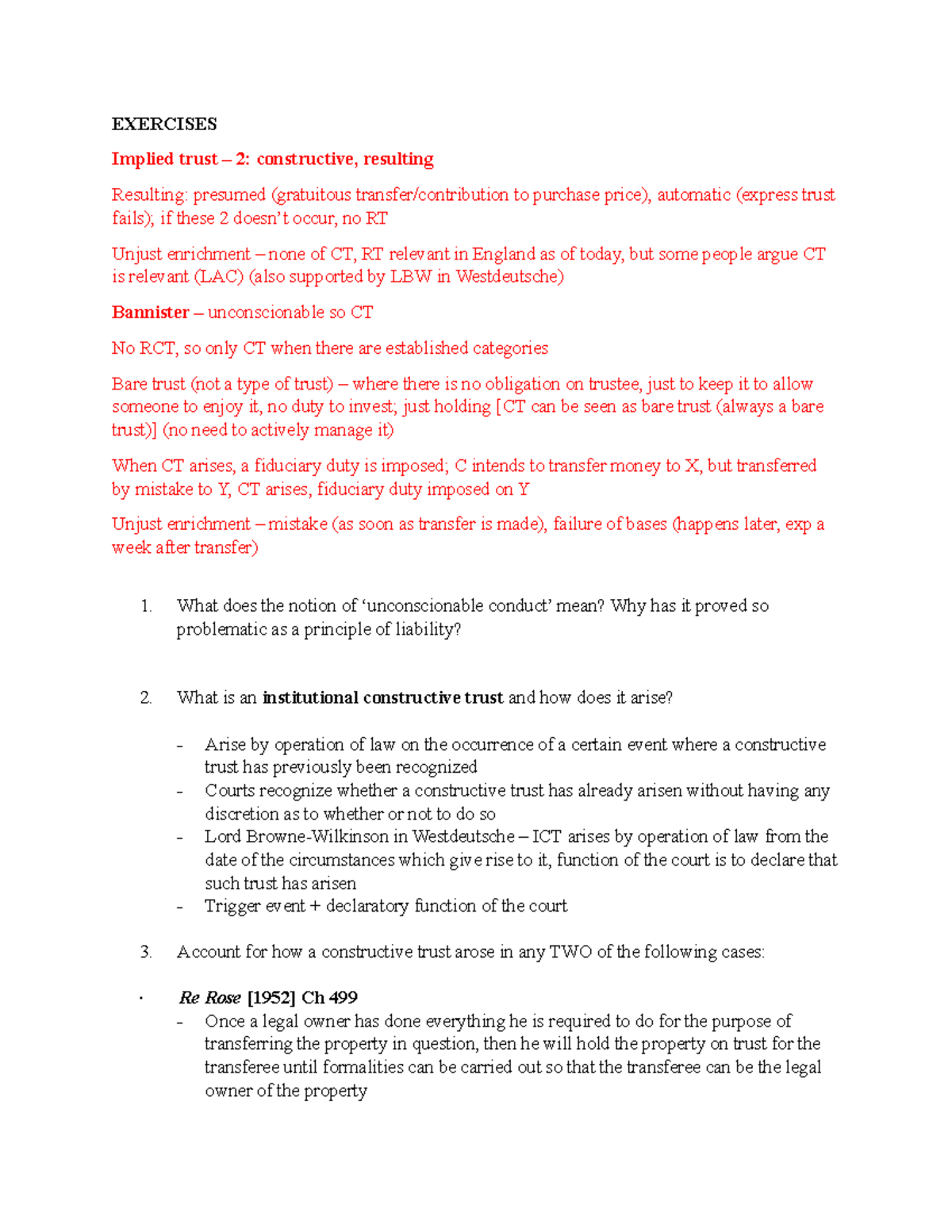 Tutorial 8 - CONSTRUCTIVE TRUSTS - EXERCISES Implied trust – 2: constructive, resulting ...