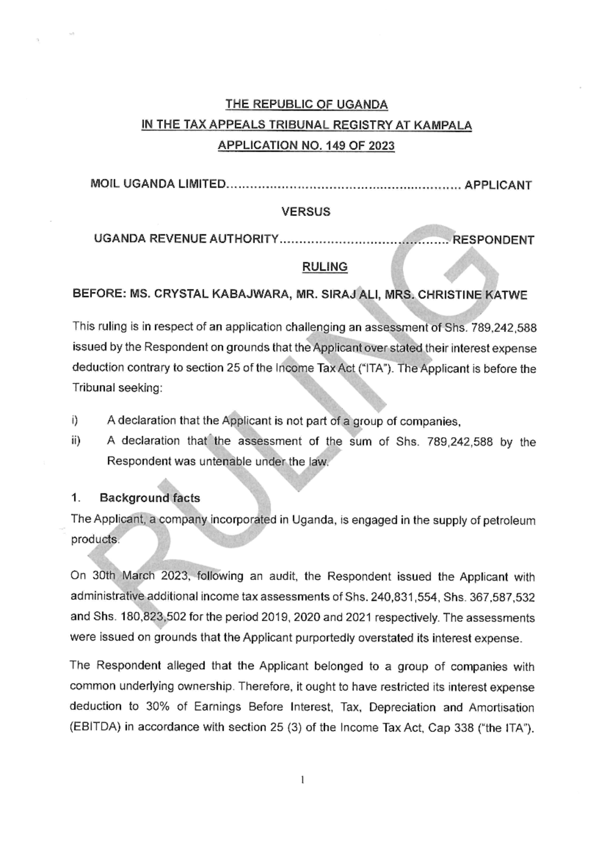 MOIL(U) LTD V URA TAT 149 OF 2023 Ruling - THE REPUBLIC OF UGANDA IN ...