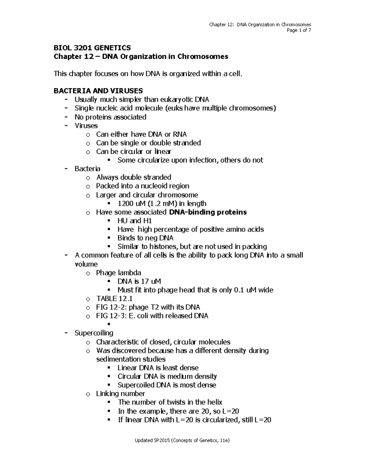 BIOL 3201 Chapter 12 - DNA Organization in Chromosomes - Page 1 of 7 ...
