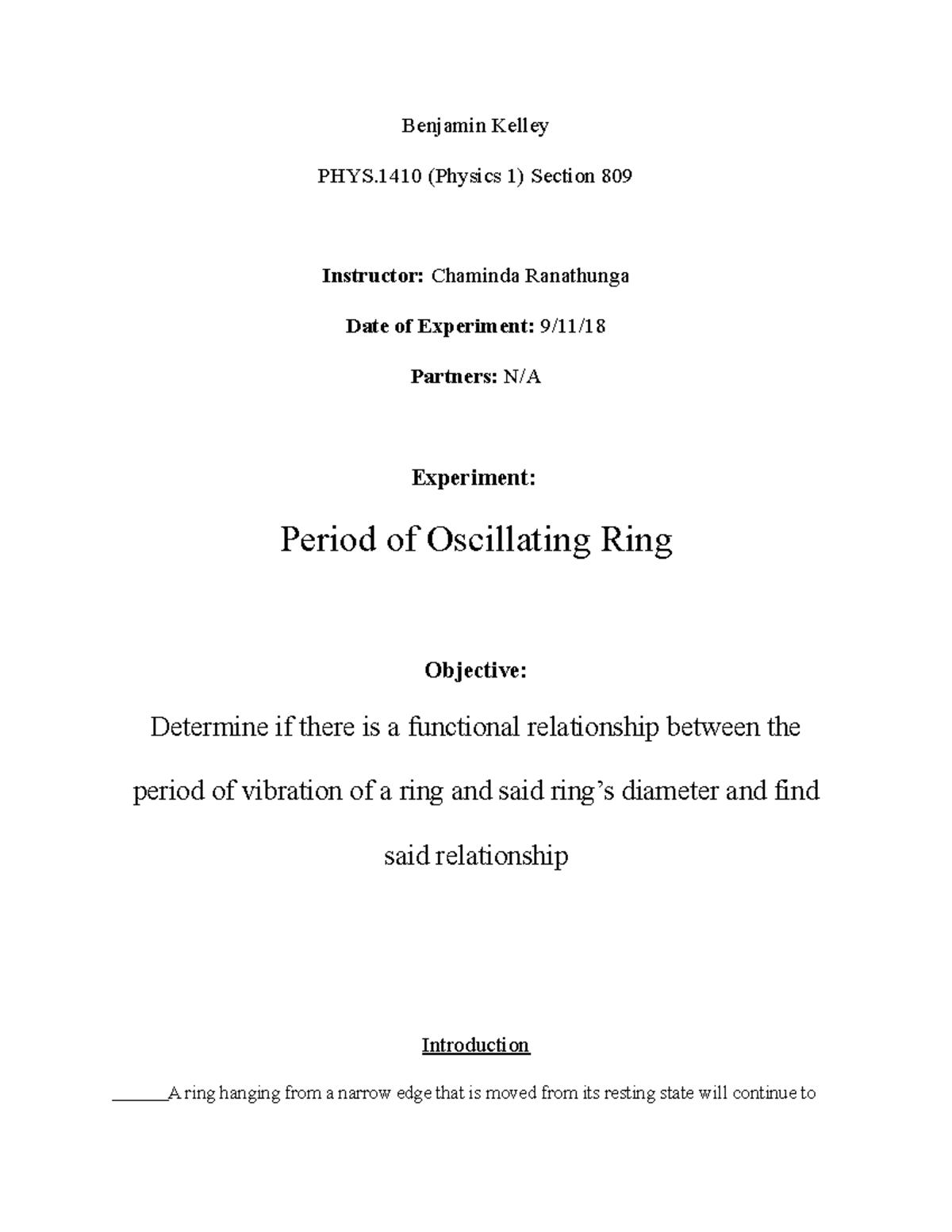 Period of Oscillating Ring Lab Report - Benjamin Kelley PHYS (Physics 1 ...