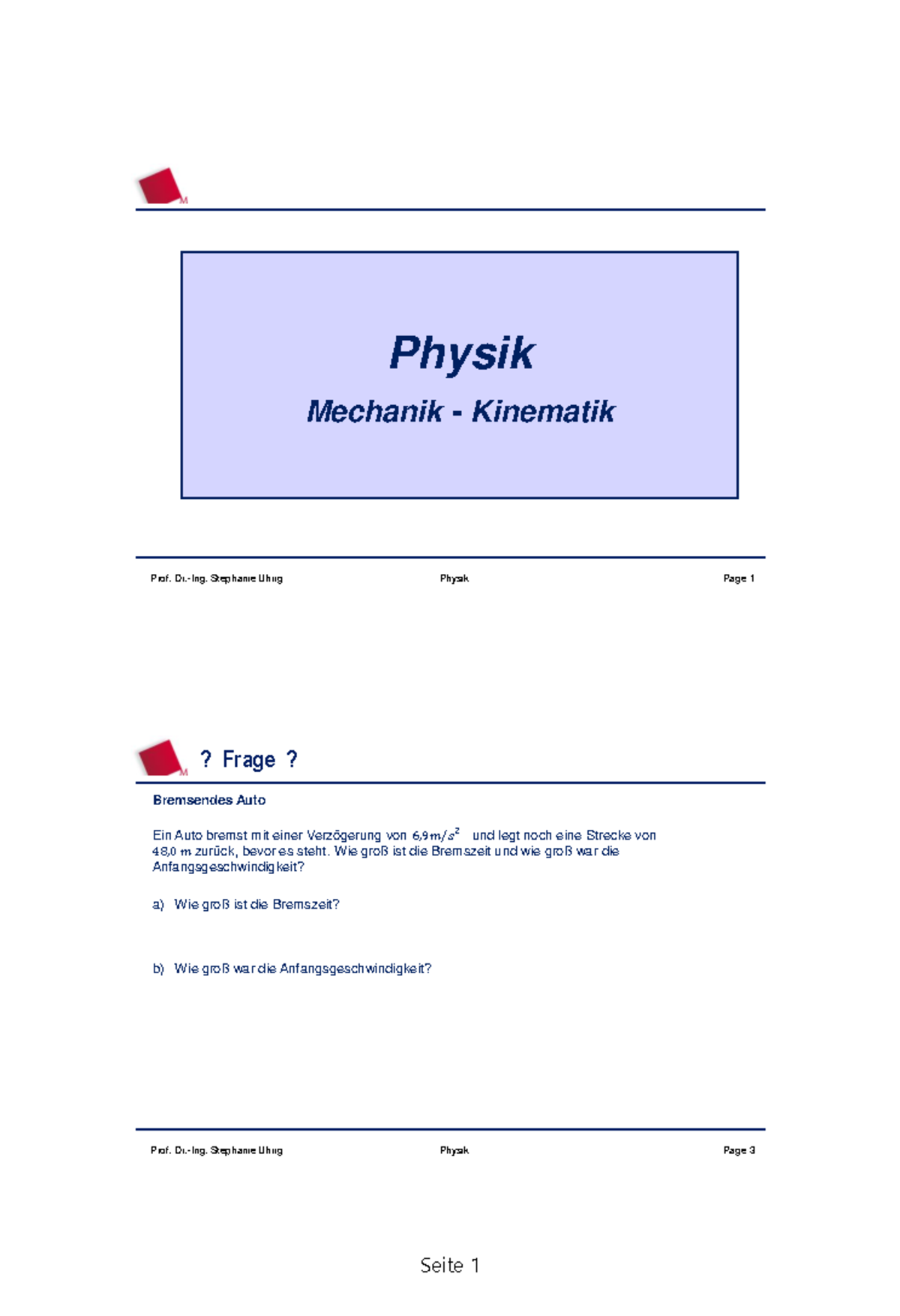 03 Mechanik Kinematik Aufgaben - Prof. Dr.-Ing. Stephanie Uhrig Physik ...