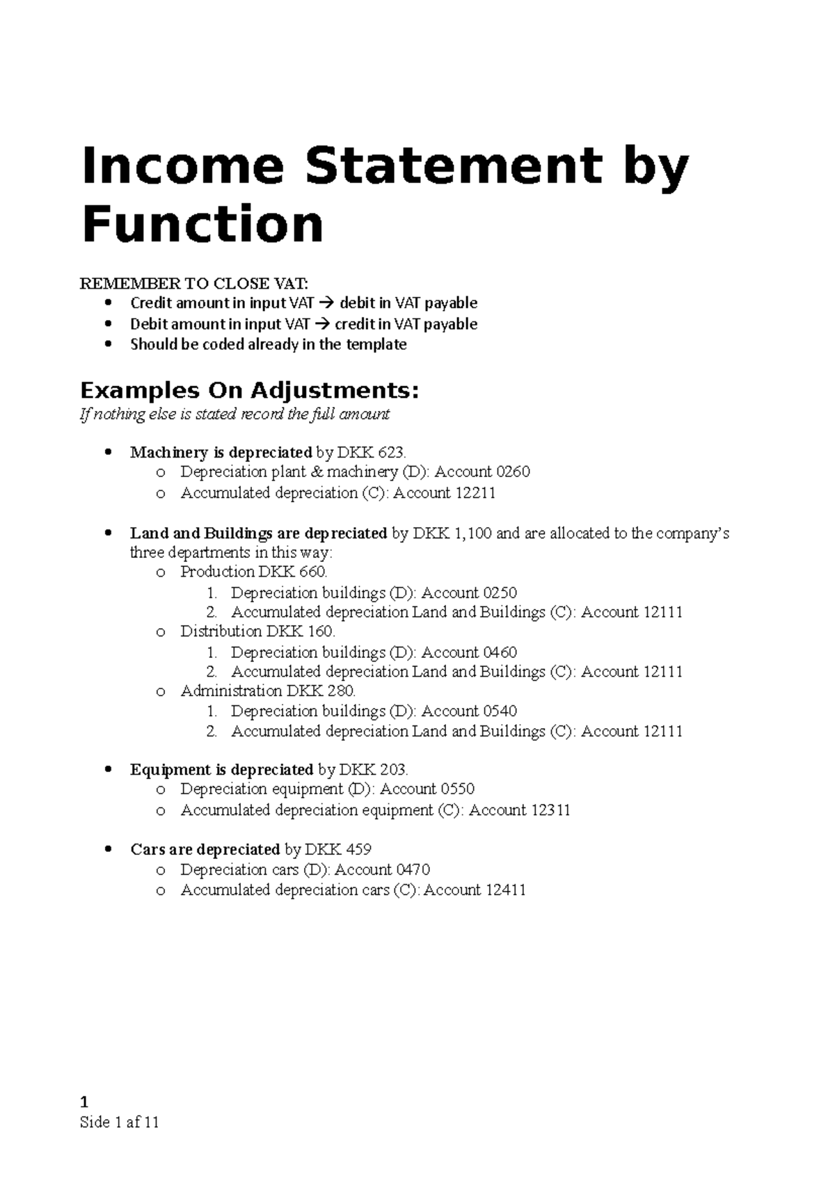 Adjustements IS by Function - Income Statement by Function REMEMBER TO ...