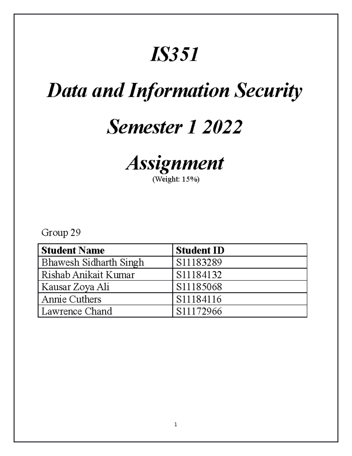 IS351 Group 29 Assignment - IS Data and Information Security Semester 1 ...