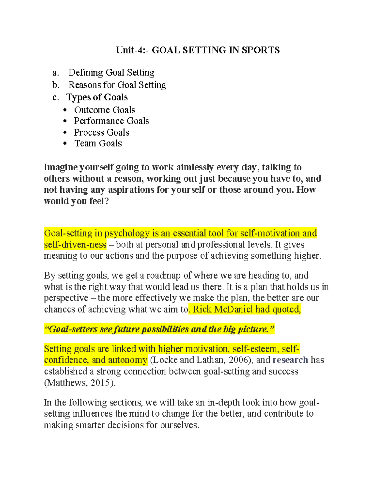 Unit4 Goal Setting - Unit-4:- GOAL SETTING IN SPORTS a. Defining Goal ...