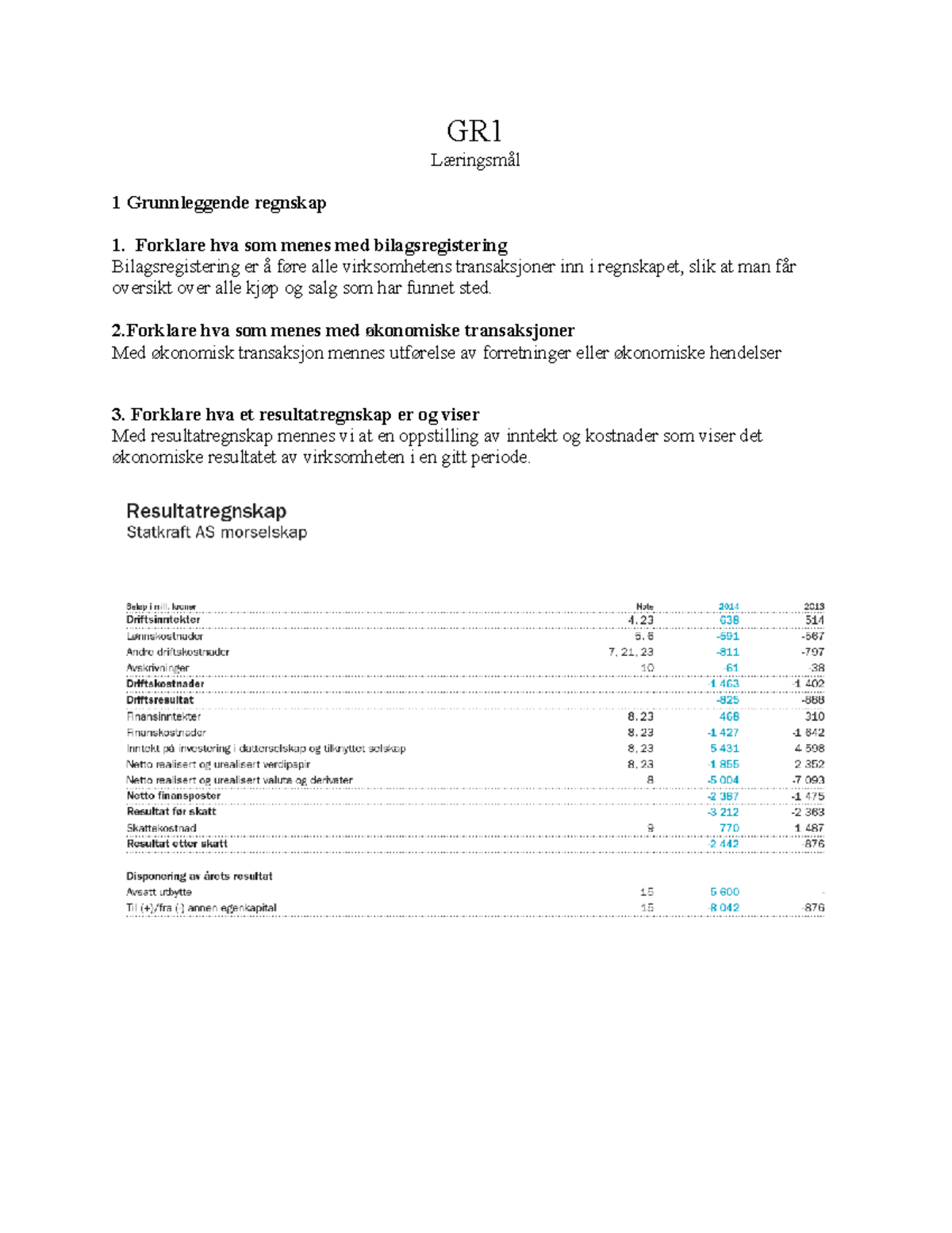GR1 notater - Hele sammendrag - GR Læringsmål 1 Grunnleggende regnskap 1. Forklare hva som menes ...