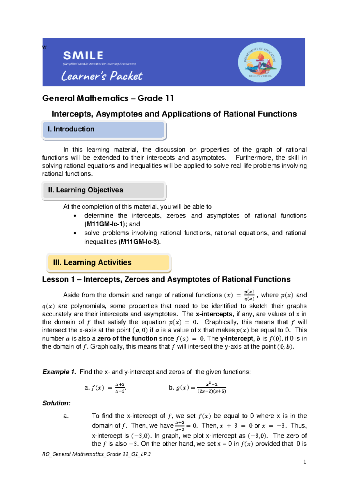 GM LP Q1W3 - RO_General Mathematics_Grade 11_Q1_LP 3 I. Introduction II ...