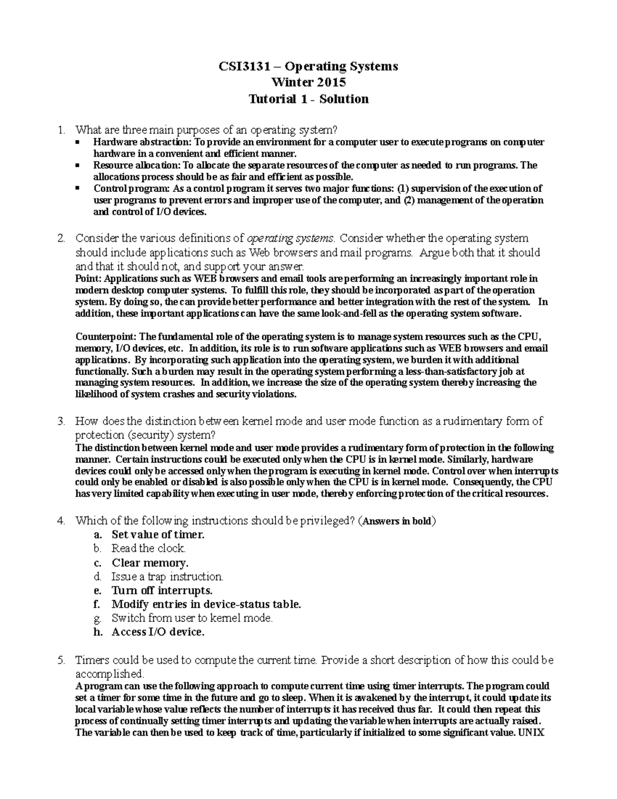 CSI3131 Tutorial 1Solution - CSI3131 – Operating Systems Winter 2015 Tutorial 1 - Solution 1 ...