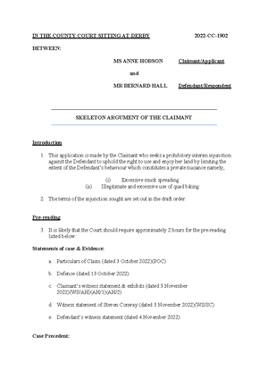 Opposing Set Aside Judgement in Default Skeleton Argument - IN THE CENTRAL LONDON COUNTY COURT ...