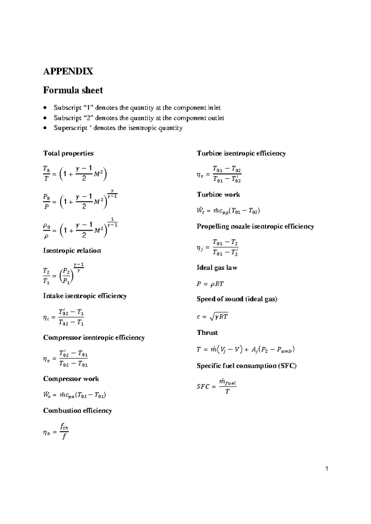 Formula sheet 1 - APPENDIX Formula sheet Subscript “1” denotes the ...