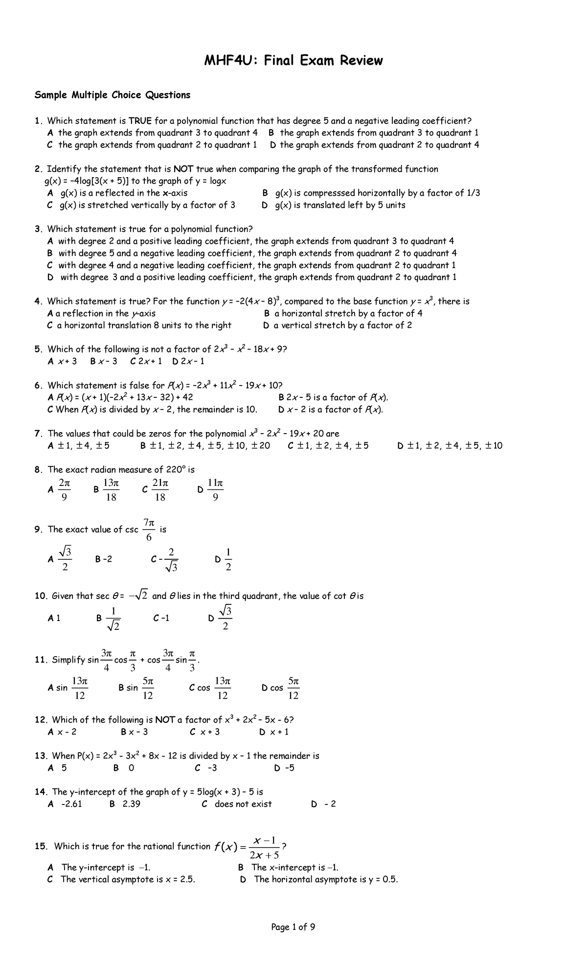 MHF4U Exam Review (1) - this - MHF4U: Final Exam Review Sample Multiple ...