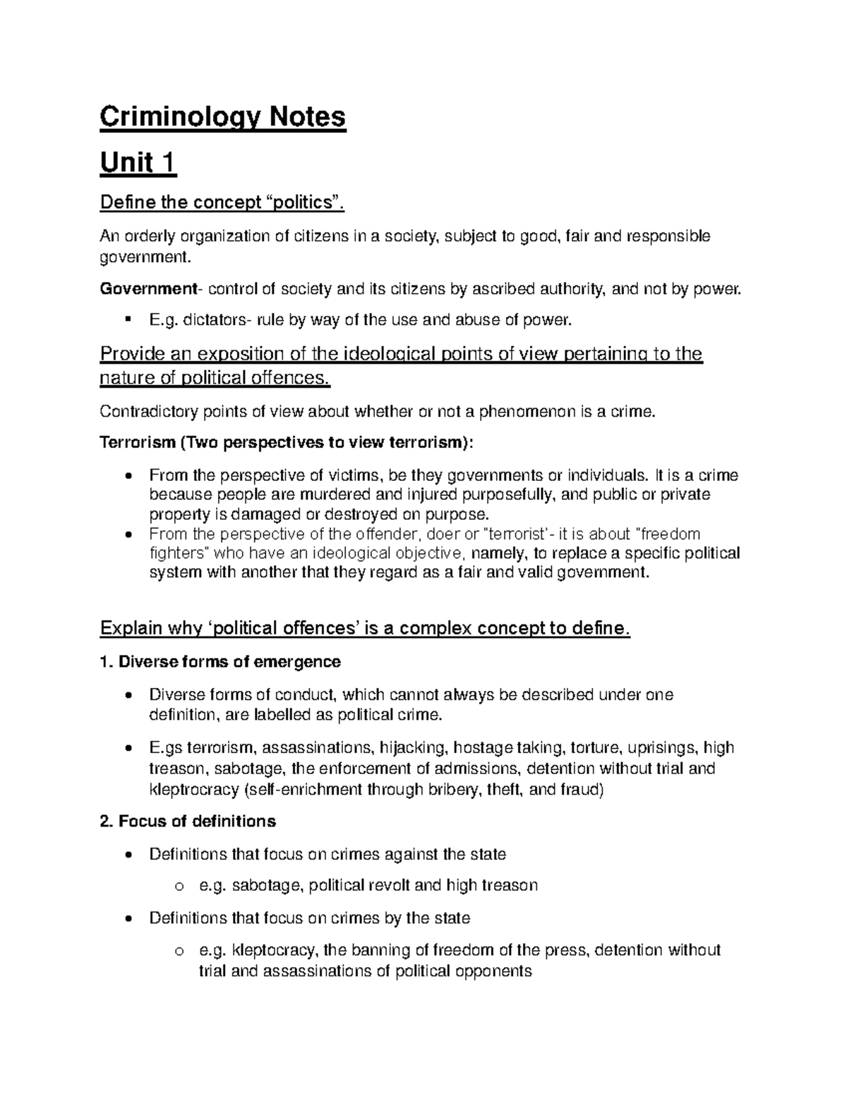 Criminology Notes unit 1 - Criminology Notes Unit 1 Define the concept ...